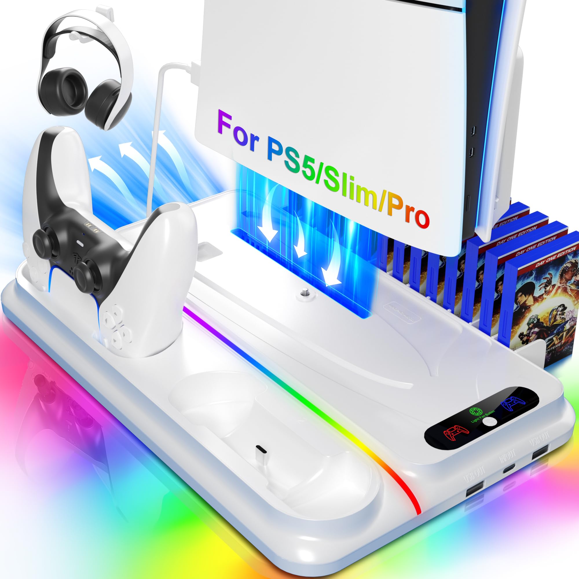 PS5 Cooling Station for PS5/Slim/Pro Disc Digital Console,PS5 Fan Cooling Fan with Dual PS 5 Controller Charger,3 Level Fan, RGB Light,12 Slot, PS5/Slim/Pro Stand for PlayStation 5 Console Accessories