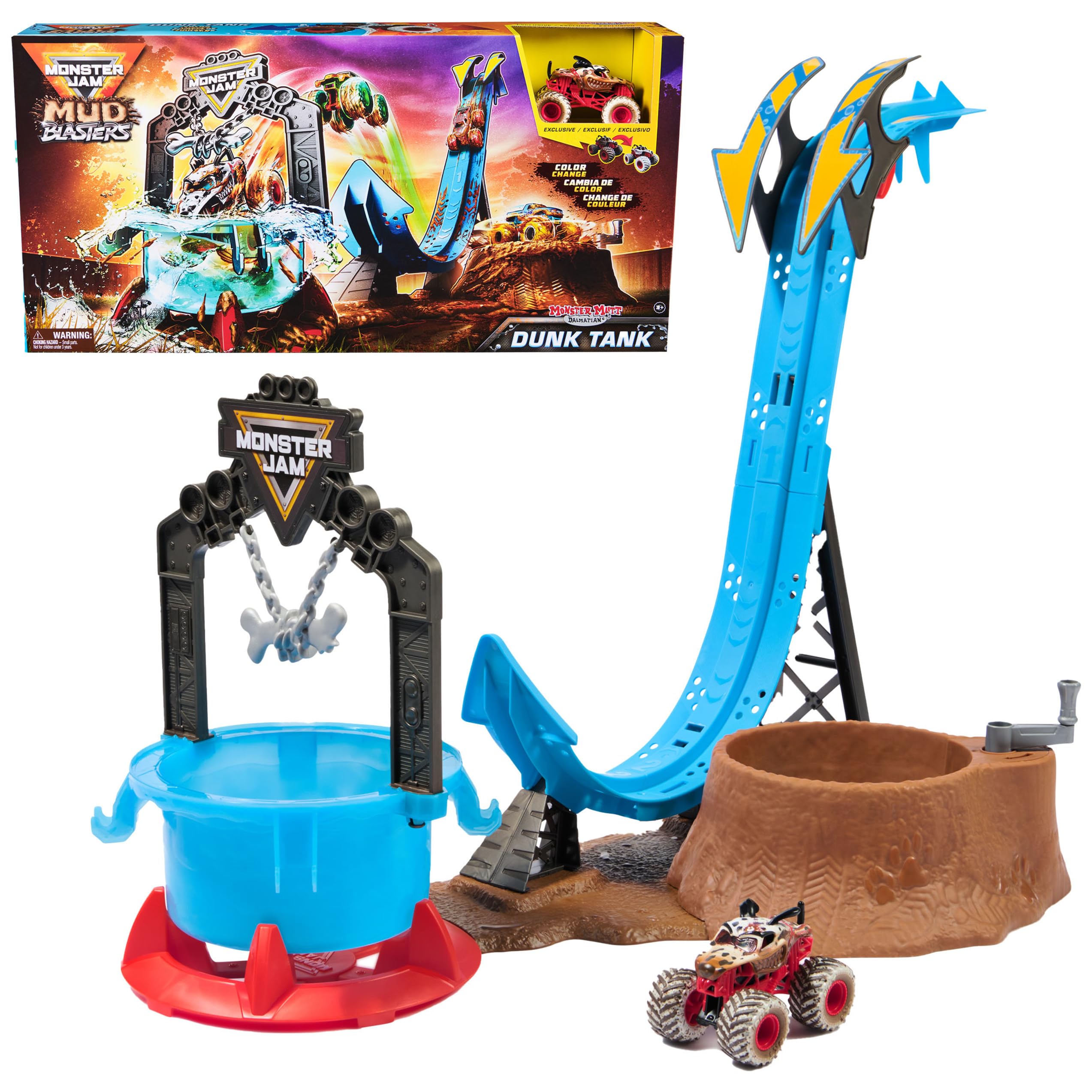 Monster Jam Mud Blasters, Monster Mutt Dalmatian Dunk Tank Playset, Color Change Action, Kids Toy Gifts for Boys and Girls Ages 3 and Up