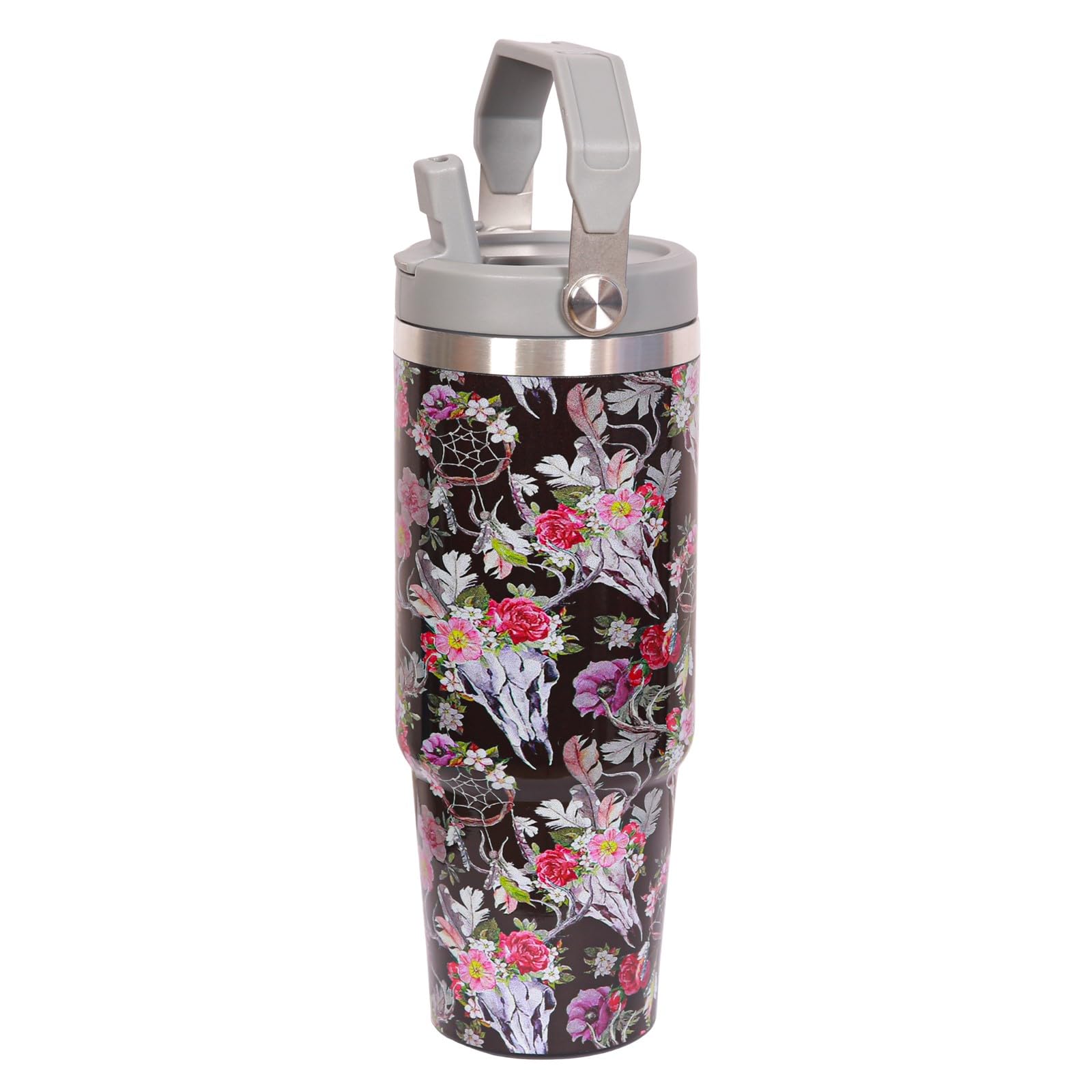 JIU HONG CHAO 30 oz Cow Skull flower Travel Tumbler with Straw Lid, Stainless Steel Floral Travel mug with Handle Insulated Cup West Mother's Day Gifts for Women Mom (Black Bullskull, 30 OZ)