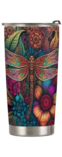 20oz Colorful Vintage Flower Mosaic Dragonfly Tumbler, Gifts for Dragonfly Lovers, Coffee Thermos for Women, Stainless Steel Double Wall Vacuum Insulated Coffee Mug, Travel Cup with Lid - A