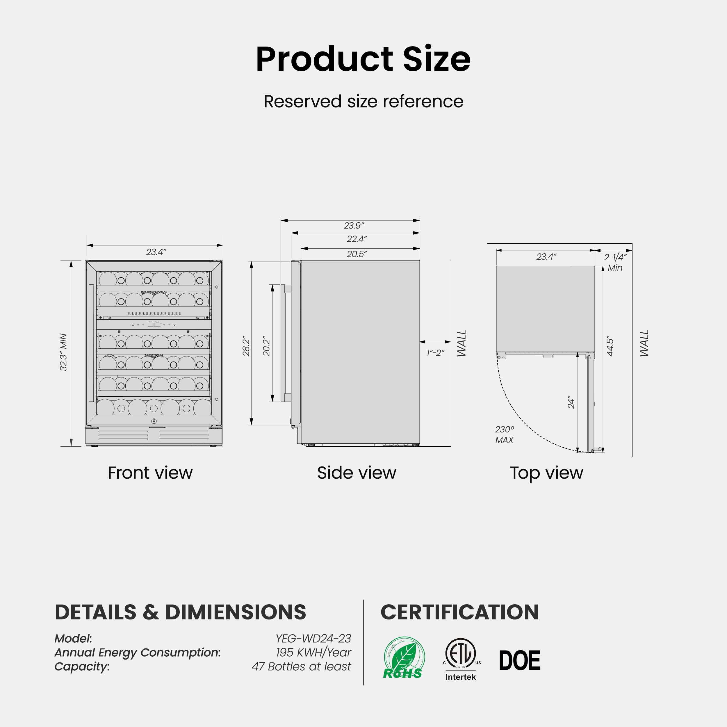 Yeego 24 Inch Wine Fridge Dual Zone, 47 Bottles Wine Cool Refrigerator with Glass Door & Safety Lock, Built-in/Freestanding/Under Counter, Perfect for Home & Kitchen