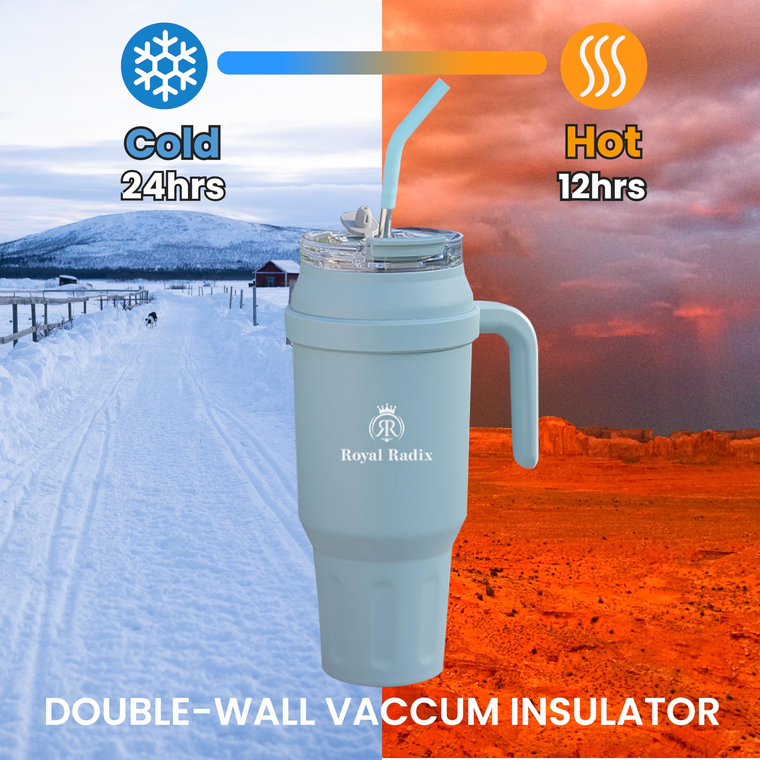 Royal Radix 50 oz Tumbler with Handle, 2 in1 Straw and Lid, Stainless Steel,Traveling Mug, maintain Cold for 24 Hours Hot 12H, Leakproof and Dishwasher Safe