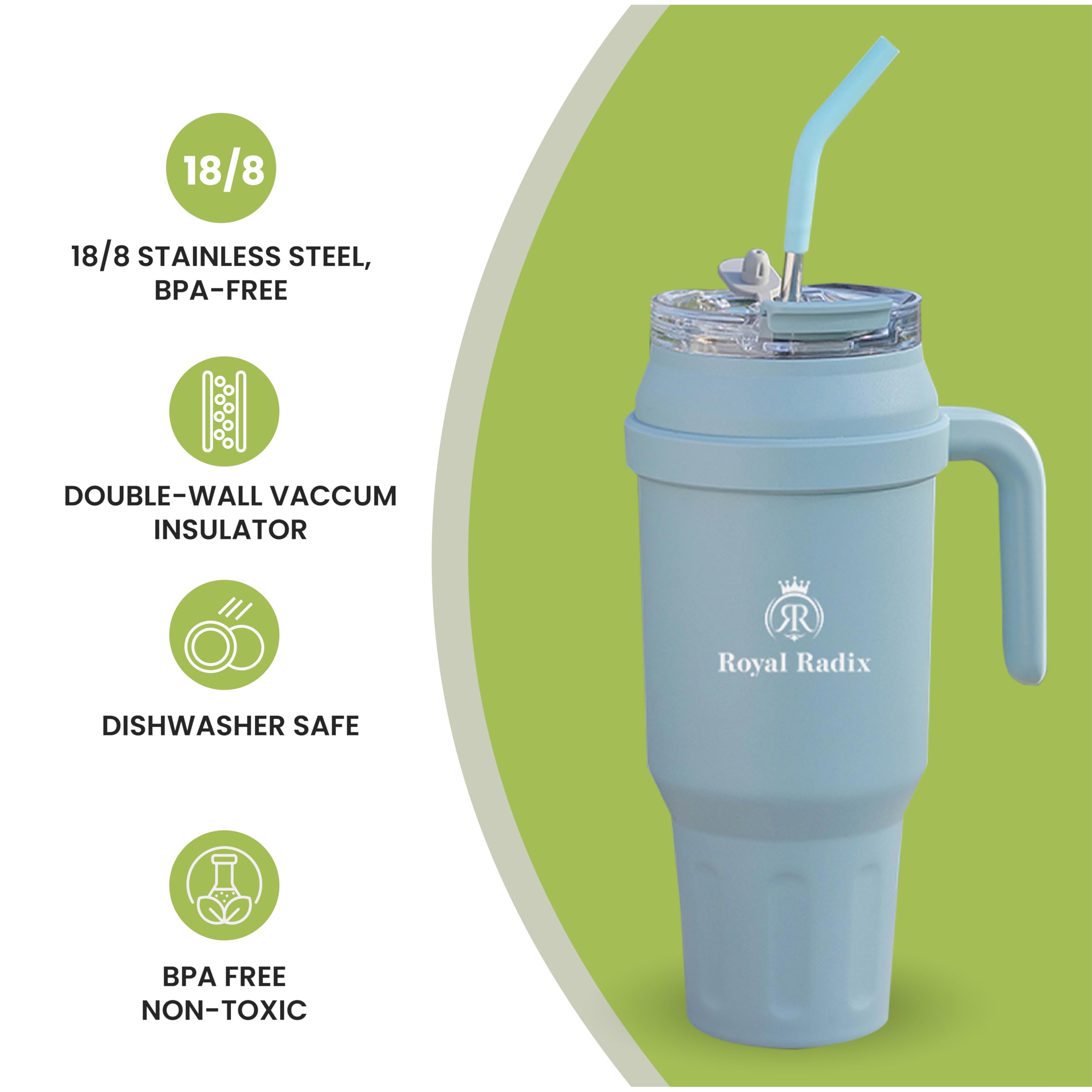 Royal Radix 50 oz Tumbler with Handle, 2 in1 Straw and Lid, Stainless Steel,Traveling Mug, maintain Cold for 24 Hours Hot 12H, Leakproof and Dishwasher Safe