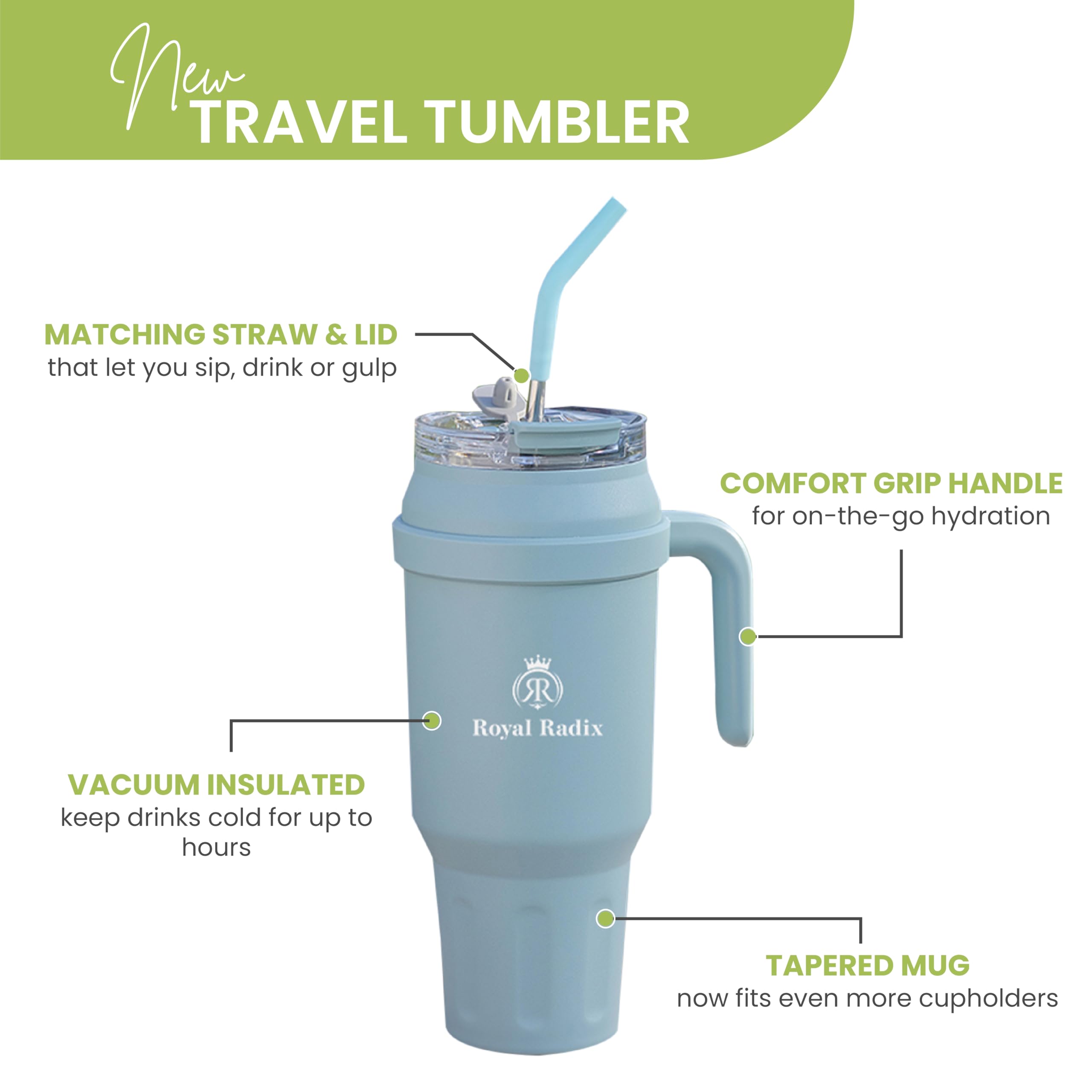 Royal Radix 50 oz Tumbler with Handle, 2 in1 Straw and Lid, Stainless Steel,Traveling Mug, maintain Cold for 24 Hours Hot 12H, Leakproof and Dishwasher Safe