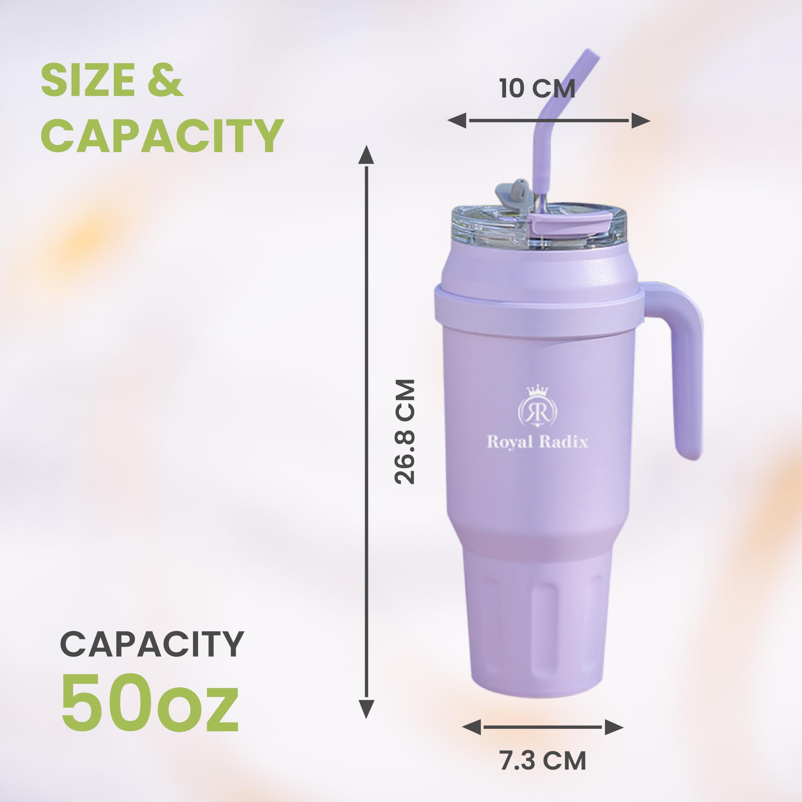 Royal Radix 50 oz Tumbler with Handle, 2 in1 Straw and Lid, Stainless Steel,Traveling Mug, maintain Cold for 24 Hours Hot 12H, Leakproof and Dishwasher Safe
