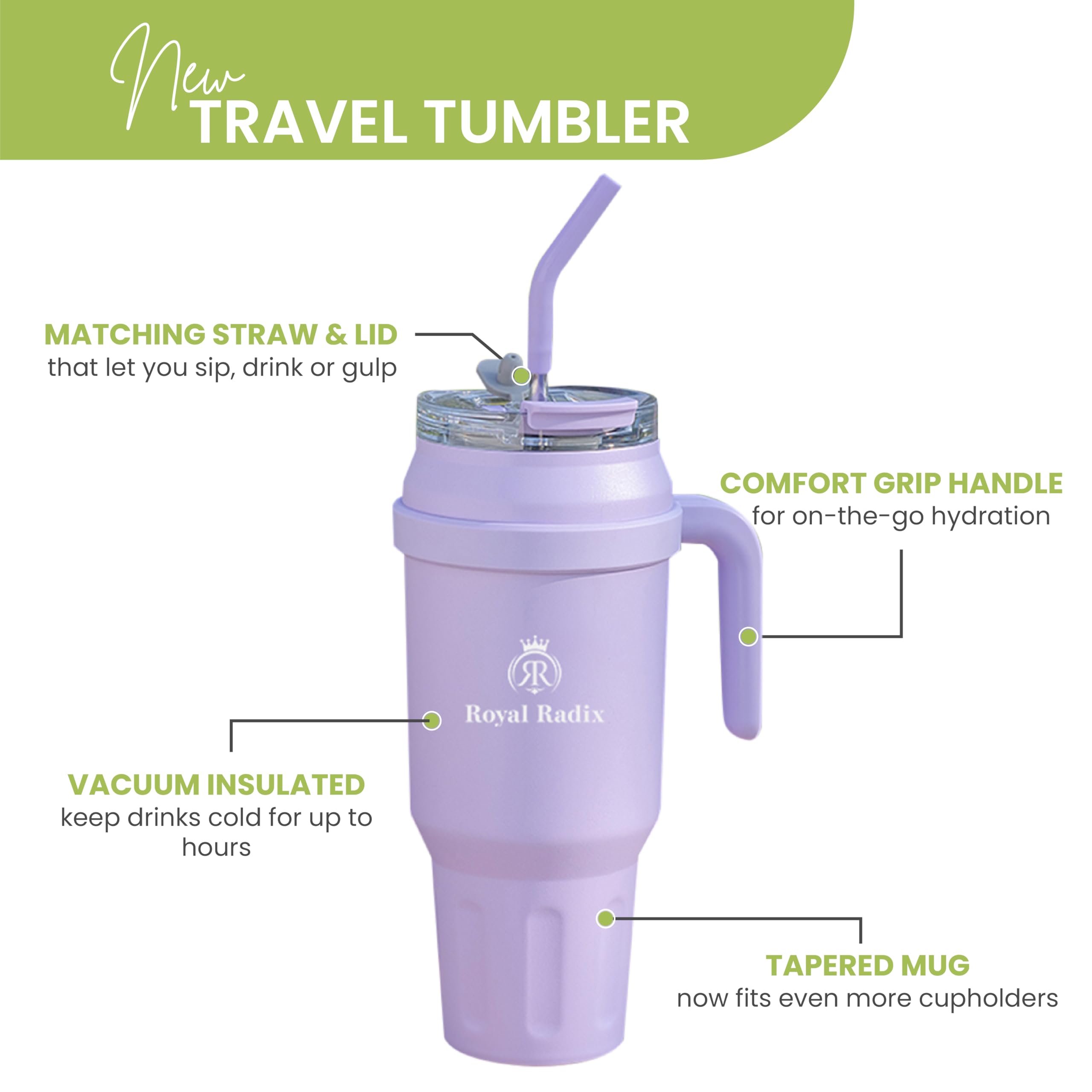 Royal Radix 50 oz Tumbler with Handle, 2 in1 Straw and Lid, Stainless Steel,Traveling Mug, maintain Cold for 24 Hours Hot 12H, Leakproof and Dishwasher Safe