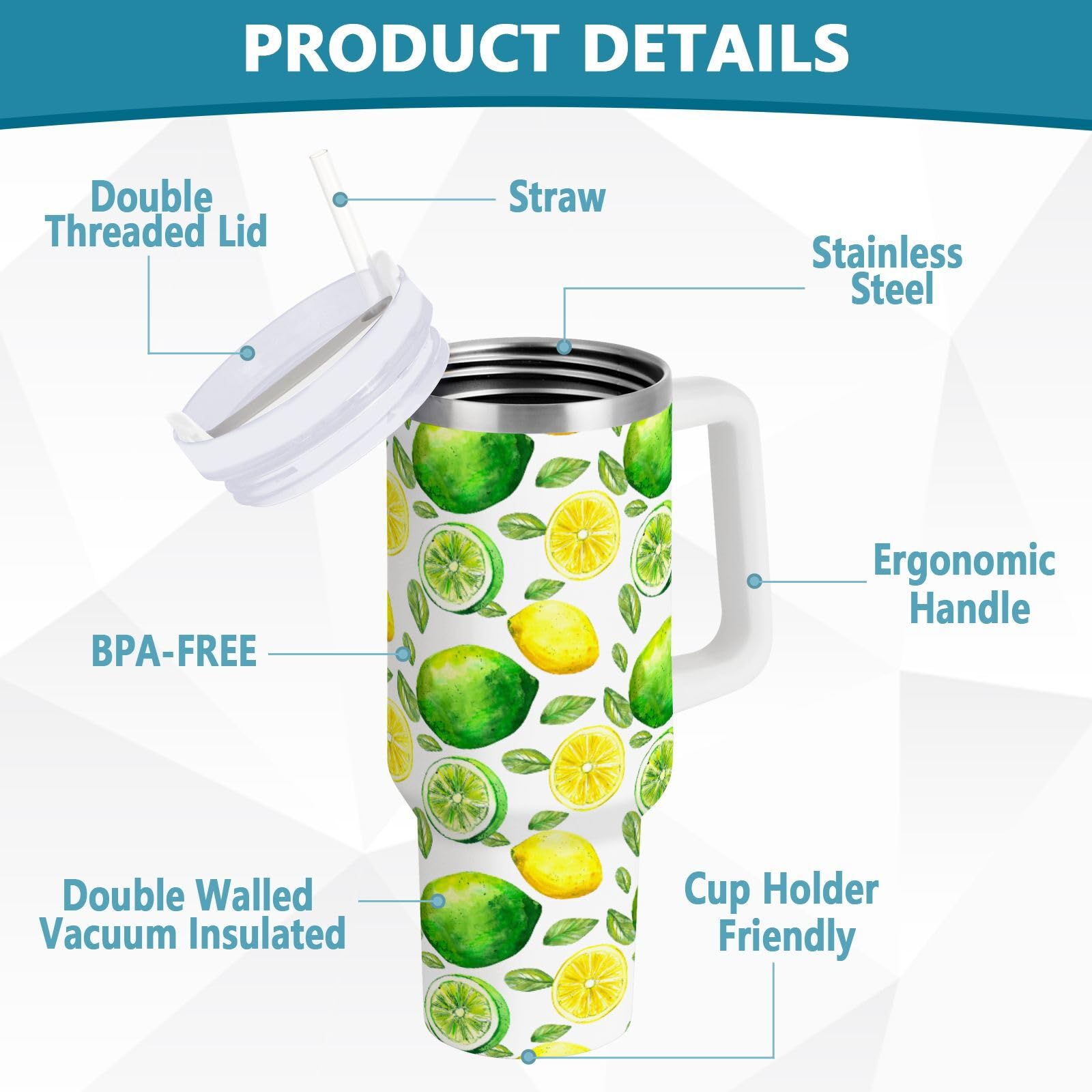 KEEPREAL 40 oz Lime Lemon Tumbler with Handle, Insulated Sports Water Bottle with Lid and Straw, Thermal Stainless Steel Travel Coffee Mug Cup #495