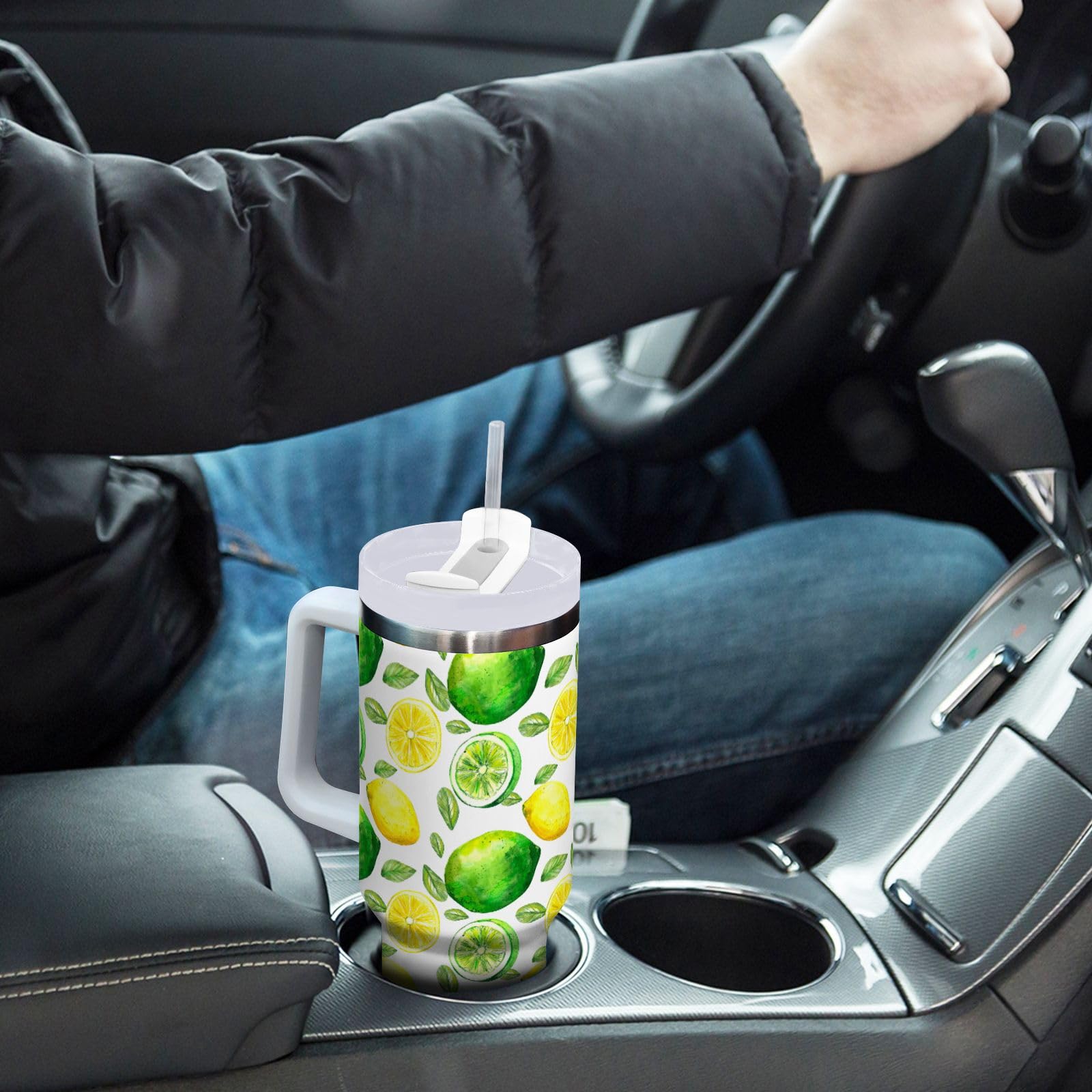 KEEPREAL 40 oz Lime Lemon Tumbler with Handle, Insulated Sports Water Bottle with Lid and Straw, Thermal Stainless Steel Travel Coffee Mug Cup #495