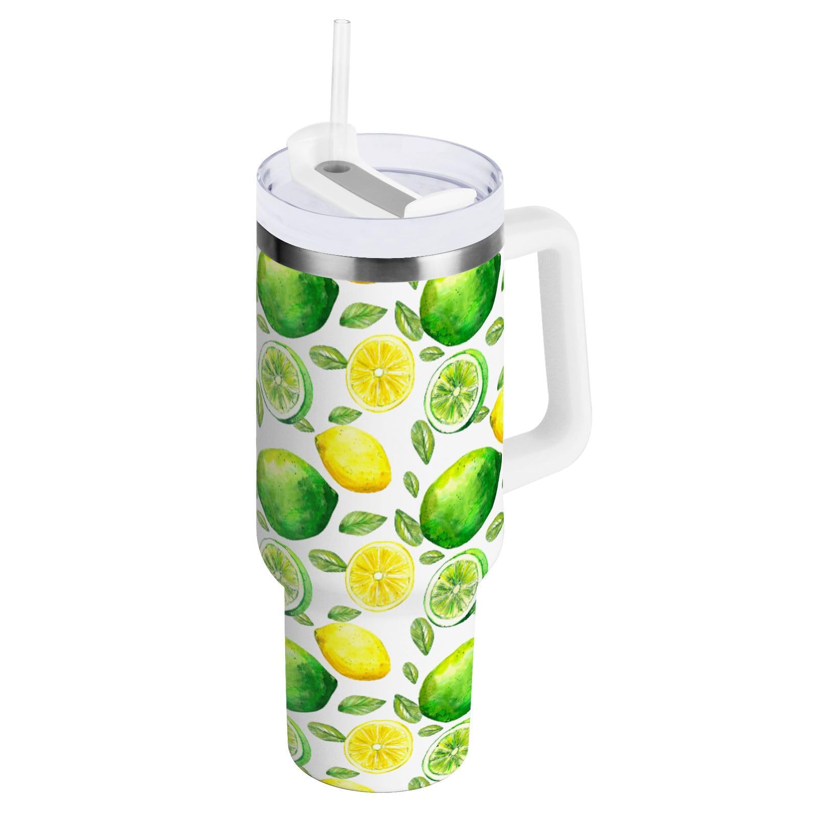 KEEPREAL 40 oz Lime Lemon Tumbler with Handle, Insulated Sports Water Bottle with Lid and Straw, Thermal Stainless Steel Travel Coffee Mug Cup #495