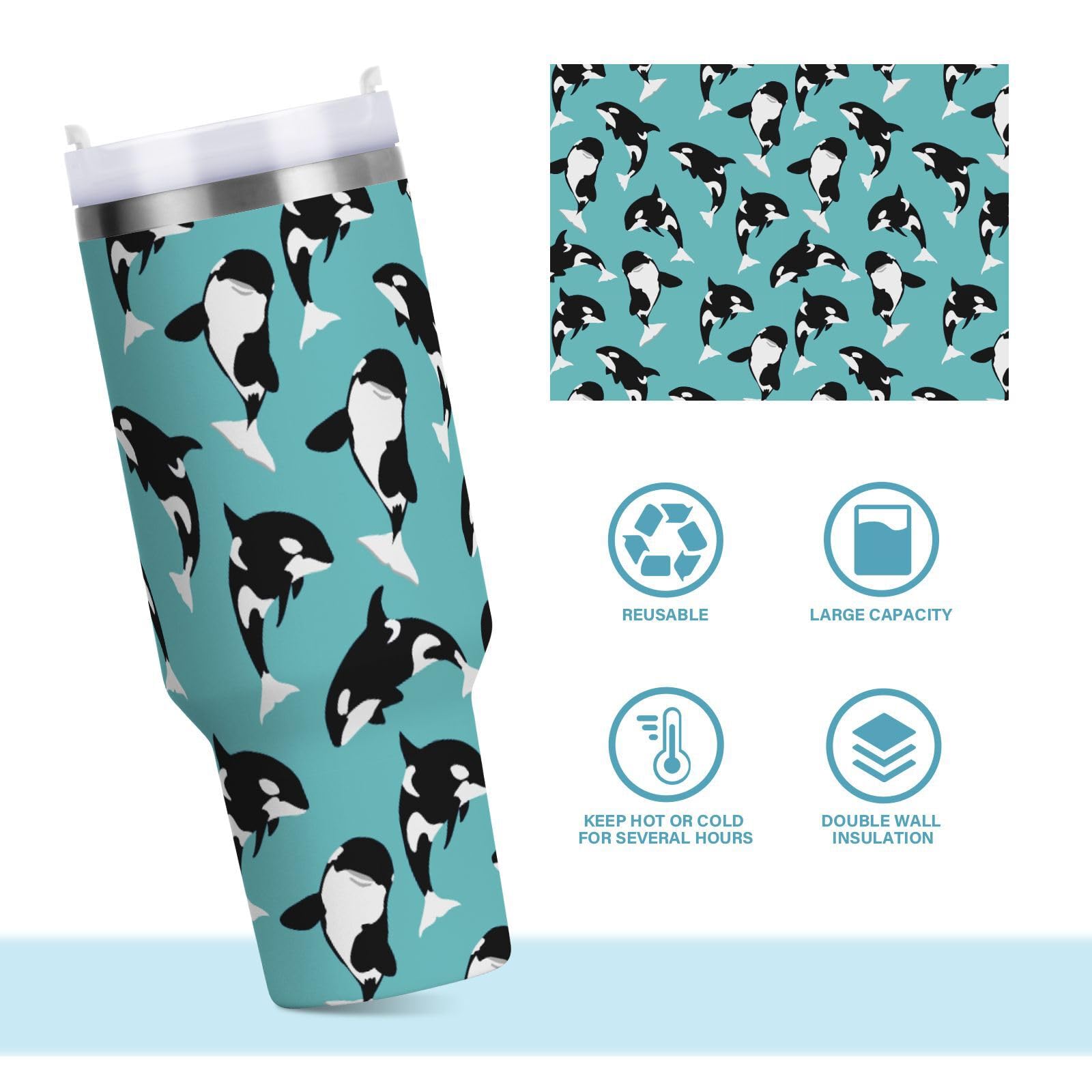 KEEPREAL 40 oz Killer Whale Pattern Tumbler with Handle, Insulated Sports Water Bottle with Lid and Straw, Thermal Stainless Steel Travel Coffee Mug Cup