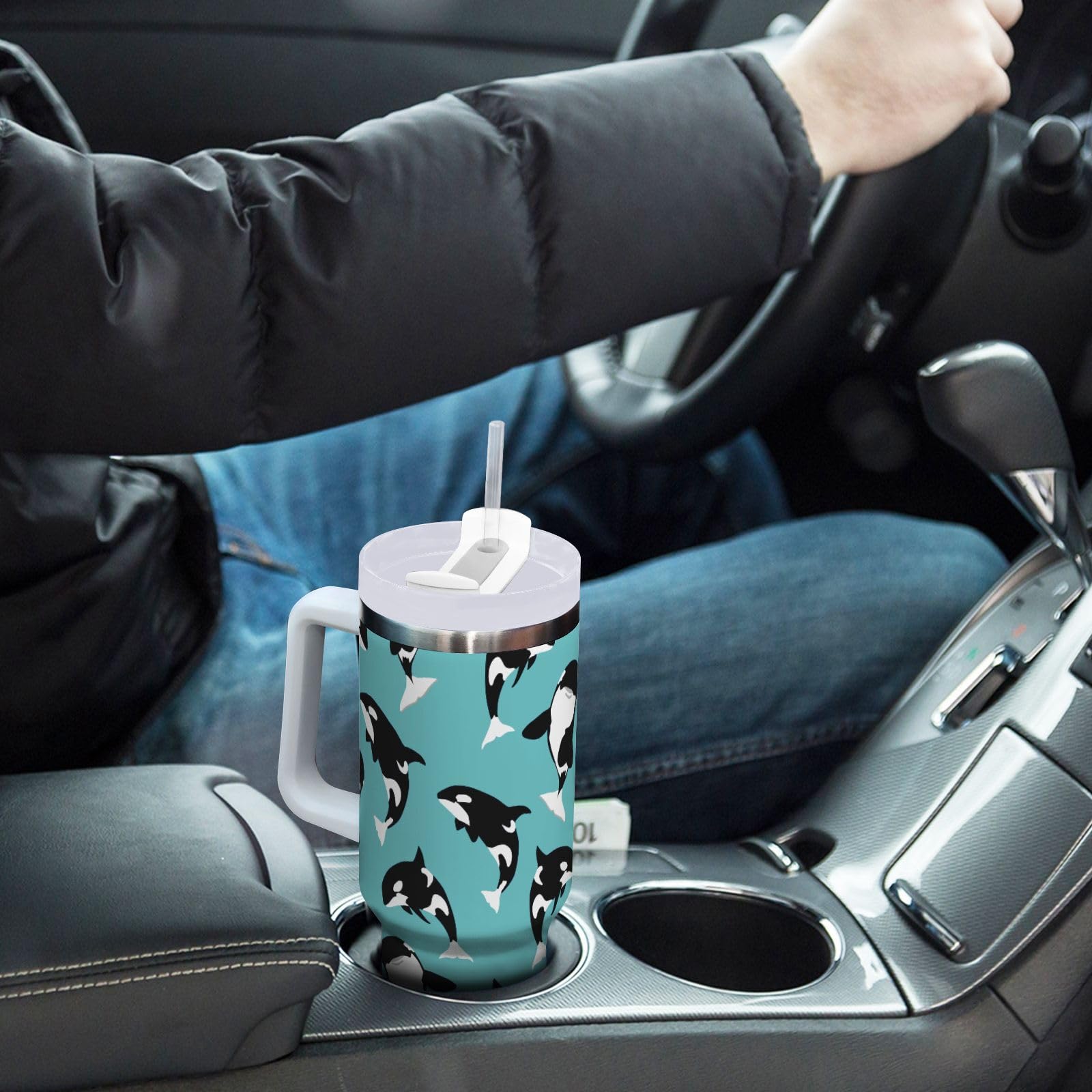 KEEPREAL 40 oz Killer Whale Pattern Tumbler with Handle, Insulated Sports Water Bottle with Lid and Straw, Thermal Stainless Steel Travel Coffee Mug Cup