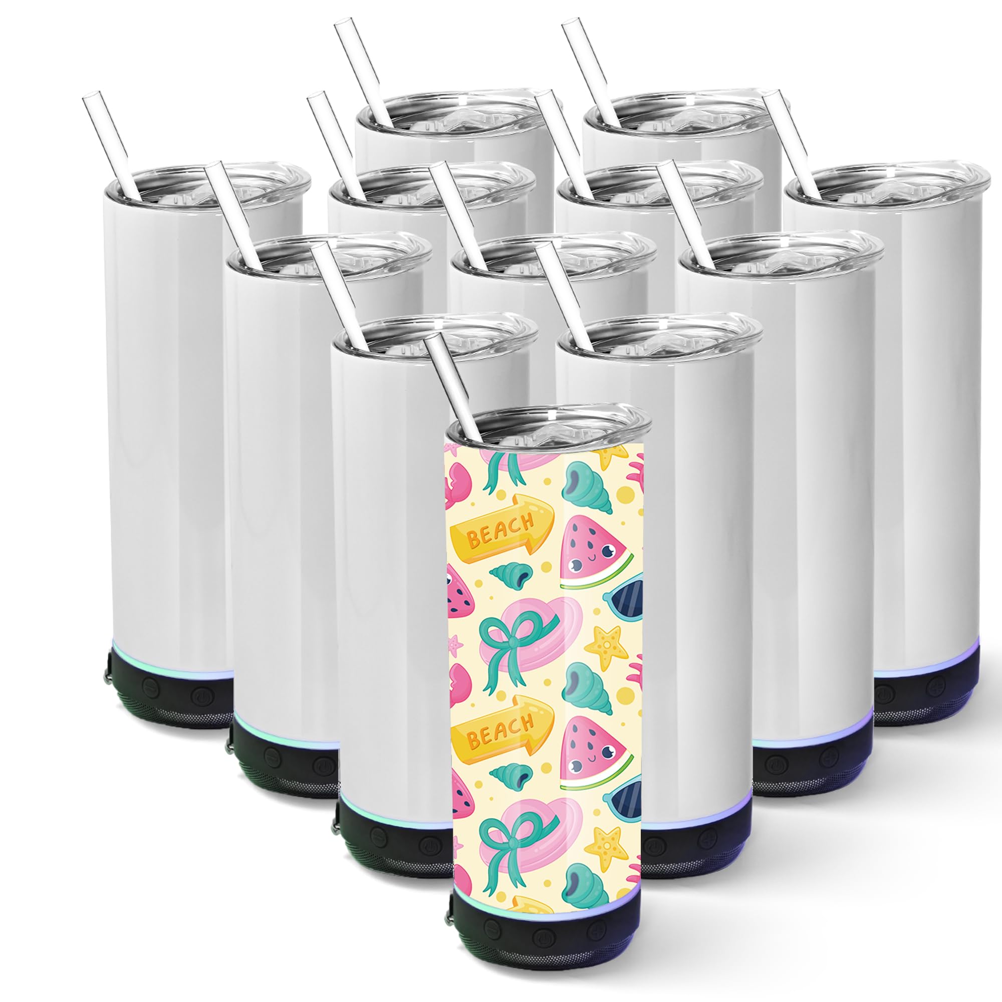 Icesip 12 Pack Music Speaker Tumbler, 20 oz Sublimation Tumbler Skinny Straight Double Wall Music Speaker Tumbler Cup with Straw Lid & USB Charging Cable Balck