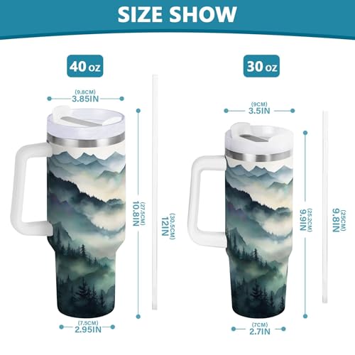 Qilmy 40 oz Mountain Forests Tumbler with Handle and Straw Lid for Water Iced Tea or Coffee, Stainless Steel Insulated Leak-proof Travel Coffee Mug Cup Gifts