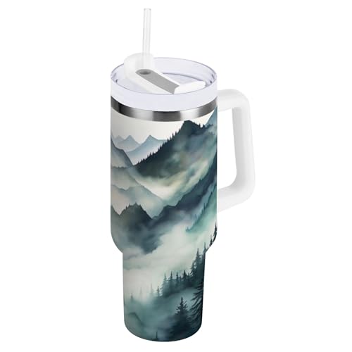 Qilmy 40 oz Mountain Forests Tumbler with Handle and Straw Lid for Water Iced Tea or Coffee, Stainless Steel Insulated Leak-proof Travel Coffee Mug Cup Gifts