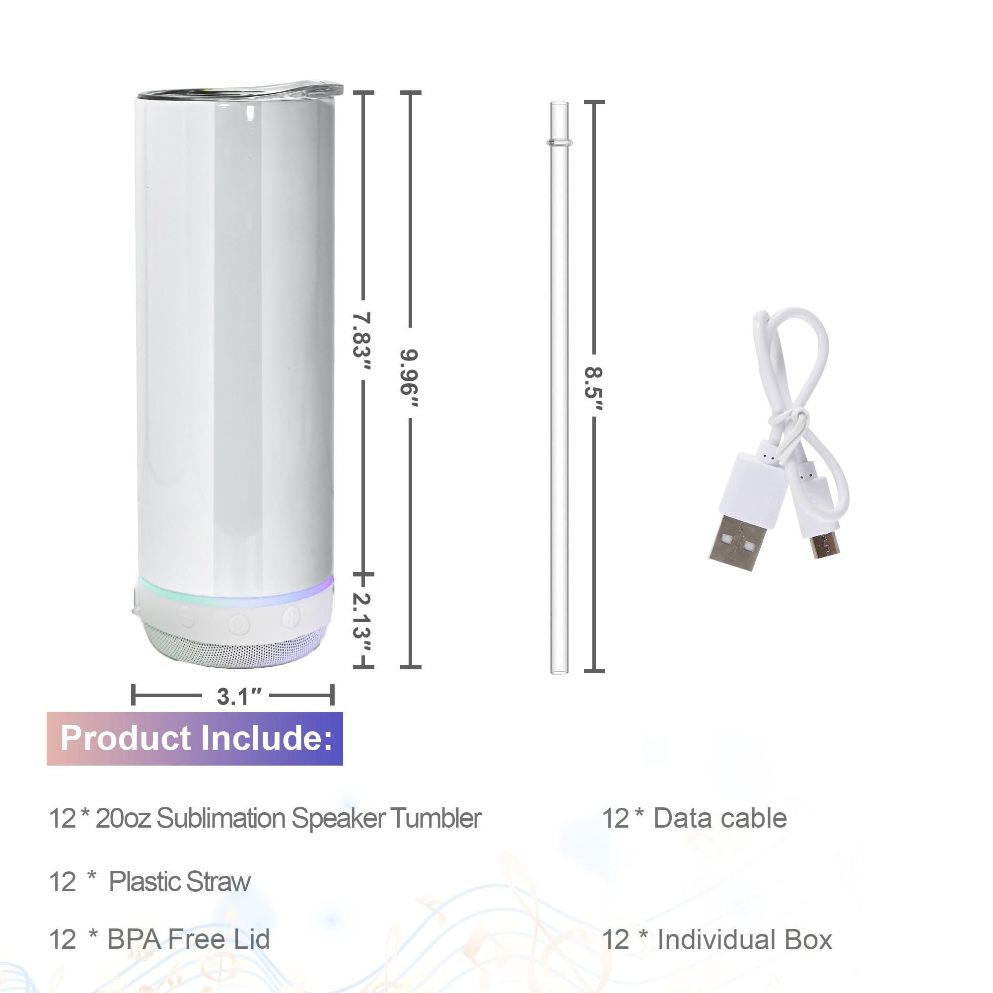 Icesip 12 Pack Music Speaker Tumbler, 20 oz Sublimation Tumbler Skinny Straight Double Wall Music Speaker Cup with Straw Lid & USB Charging Cable - White
