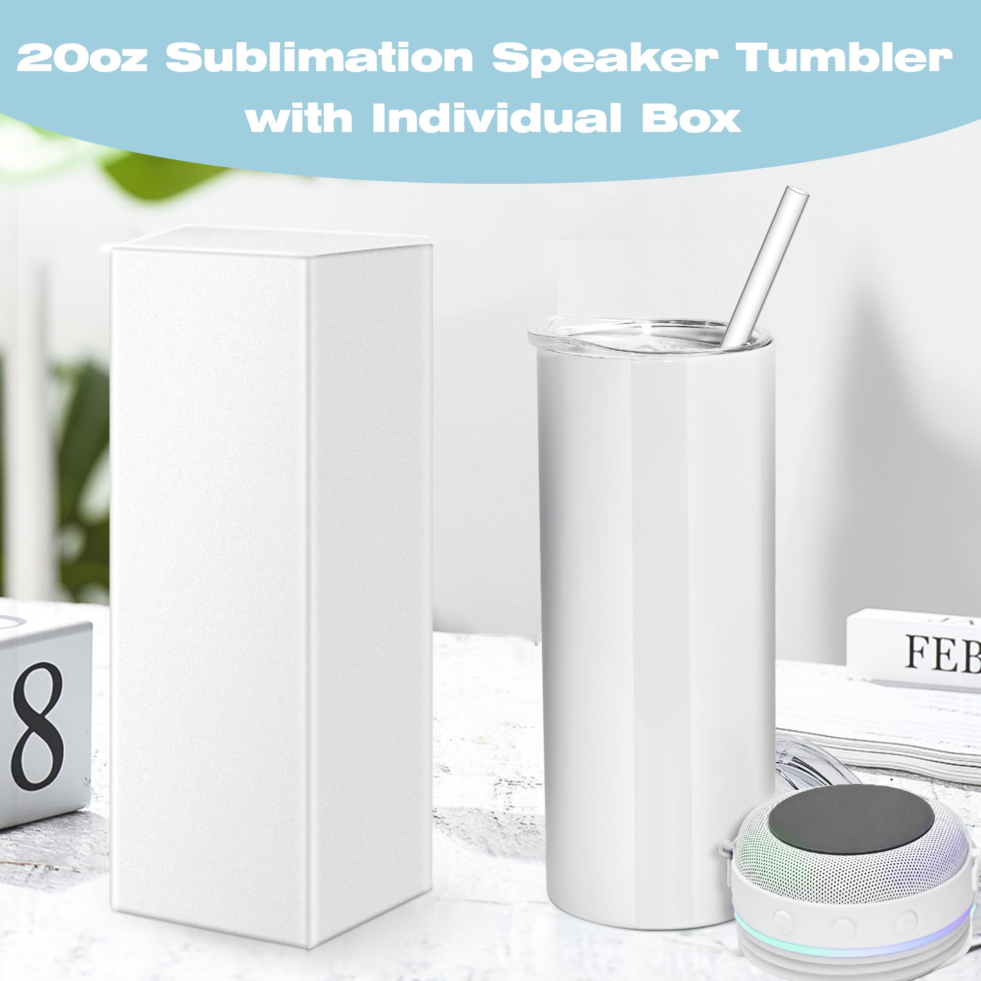 Icesip 12 Pack Music Speaker Tumbler, 20 oz Sublimation Tumbler Skinny Straight Double Wall Music Speaker Cup with Straw Lid & USB Charging Cable - White