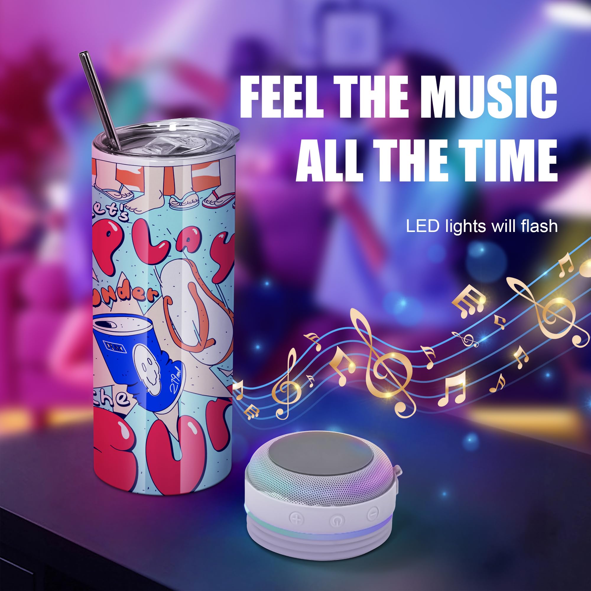 Icesip 12 Pack Music Speaker Tumbler, 20 oz Sublimation Tumbler Skinny Straight Double Wall Music Speaker Cup with Straw Lid & USB Charging Cable - White