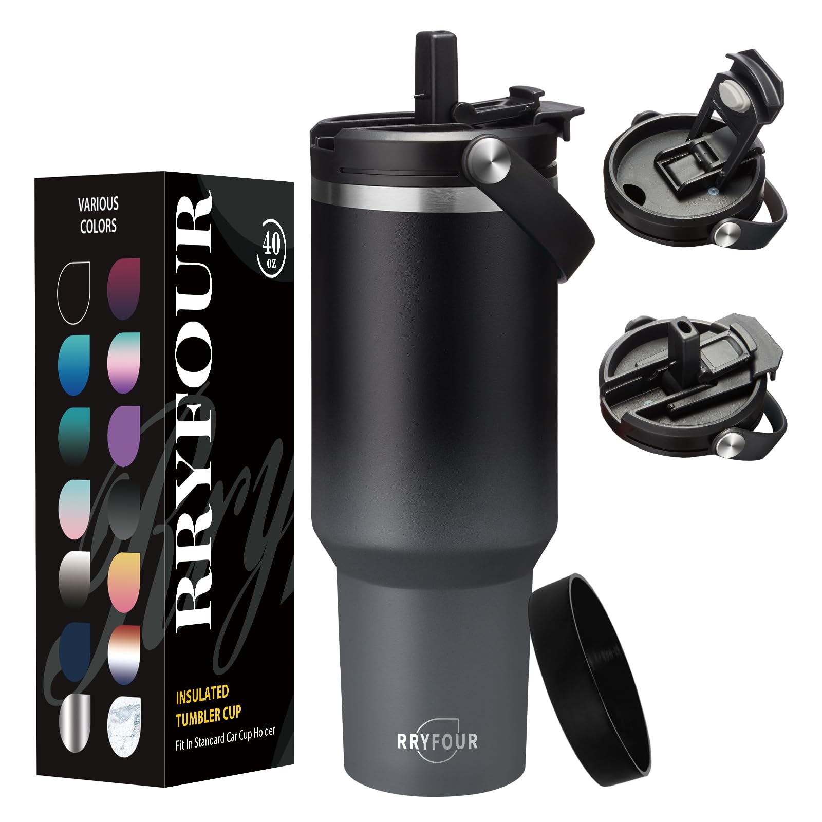 RRYFOUR 40 OZ Tumbler with Handle and Straw - Stainless Steel Water Cup with 2-in-1 Lids, Travel Coffee Mug Insulated Tumbler with Handle, Leak-proof Insulated Water Bottle Fits in Car Cup Holder