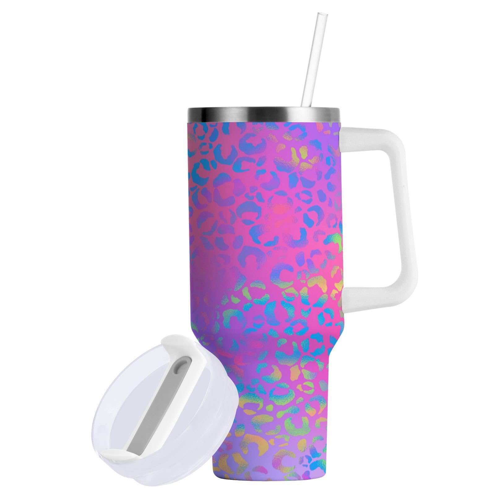 Bright Neon Leopard Tumbler with Handle and Straw Lid, Holographic Gradient 30 oz Insulated Coffee Cup Stainless Steel Water Bottle Travel Mug Cupholder Friendly,Gifts for Women Men