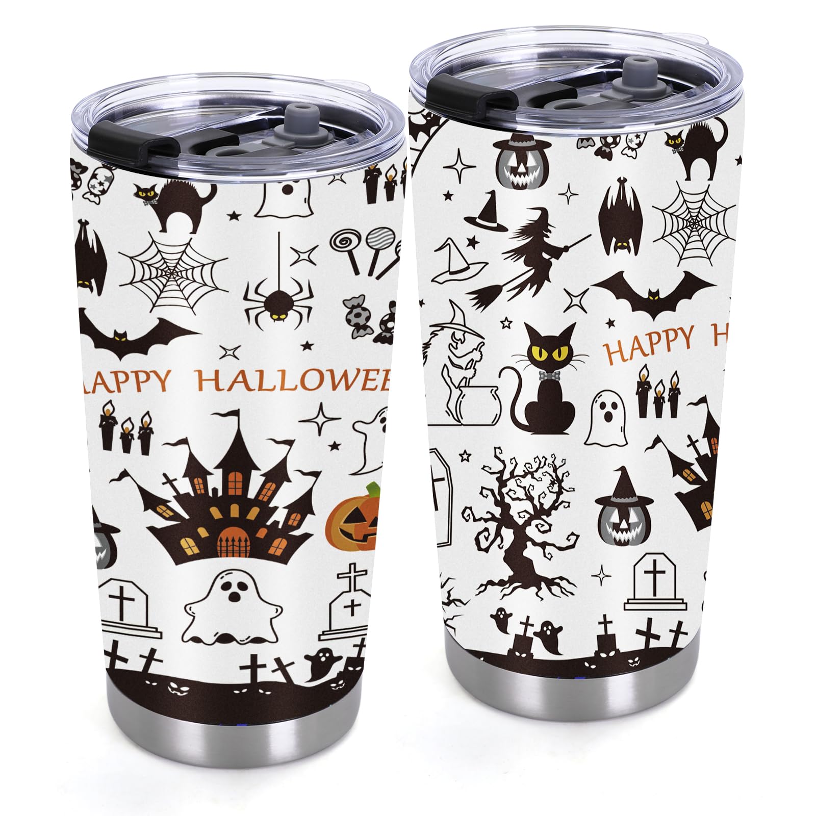 LATTPLYN Gifts for Halloween, Black Cat Halloween Tumbler with Lid, 20 oz Bat Spider Web Ghost Witch Printed Insulated Stainless Steel Travel Mug Horror Movies Lover Gifts for Friends, Coworkers