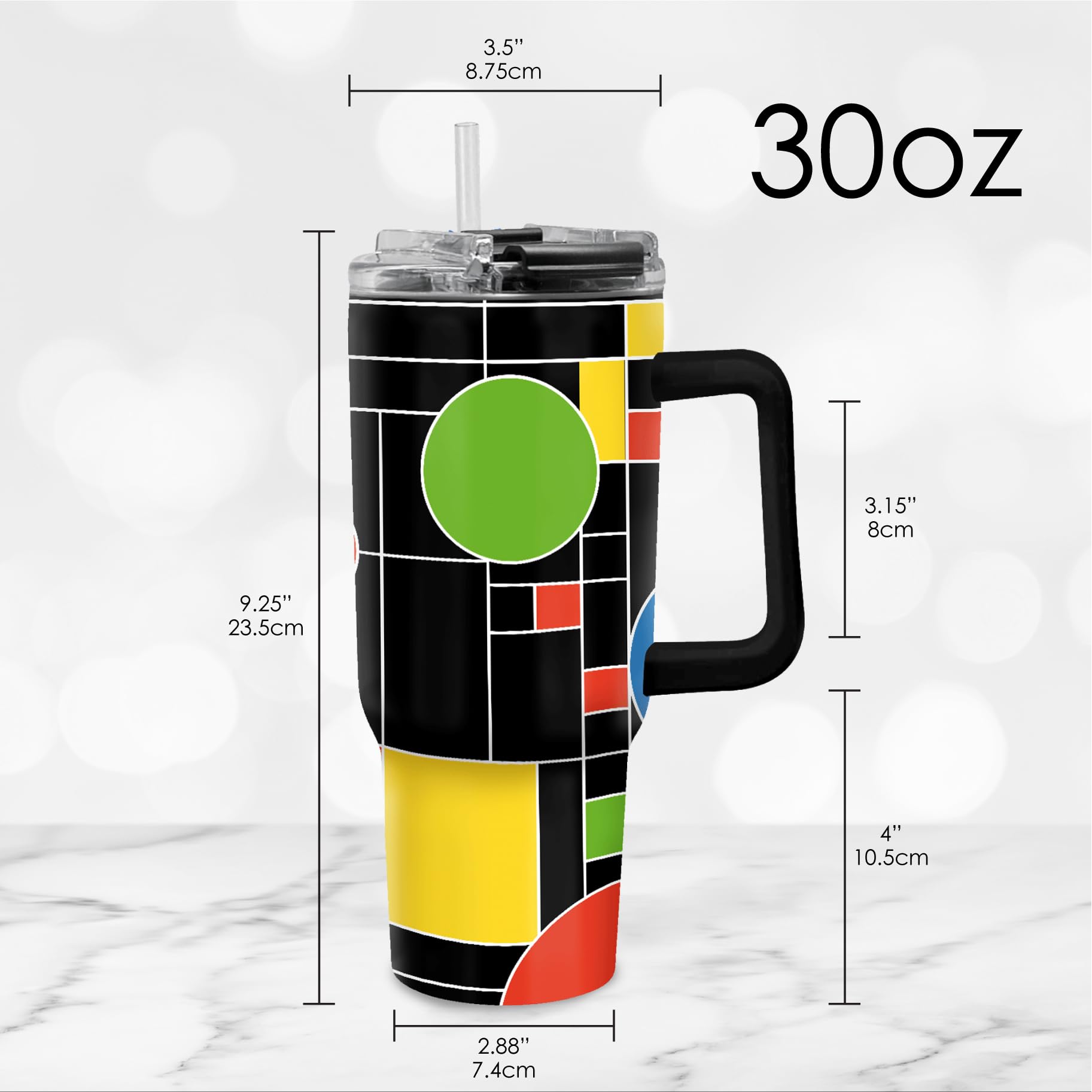 RainCaper 18/8 Stainless Steel Insulated Water Tumbler with Straw | 30oz, BPA-Free, Double Wall for Hot & Cold | Travel-Friendly, Cup Holder Ready (Frank Lloyd Wright Coonley Playhouse)