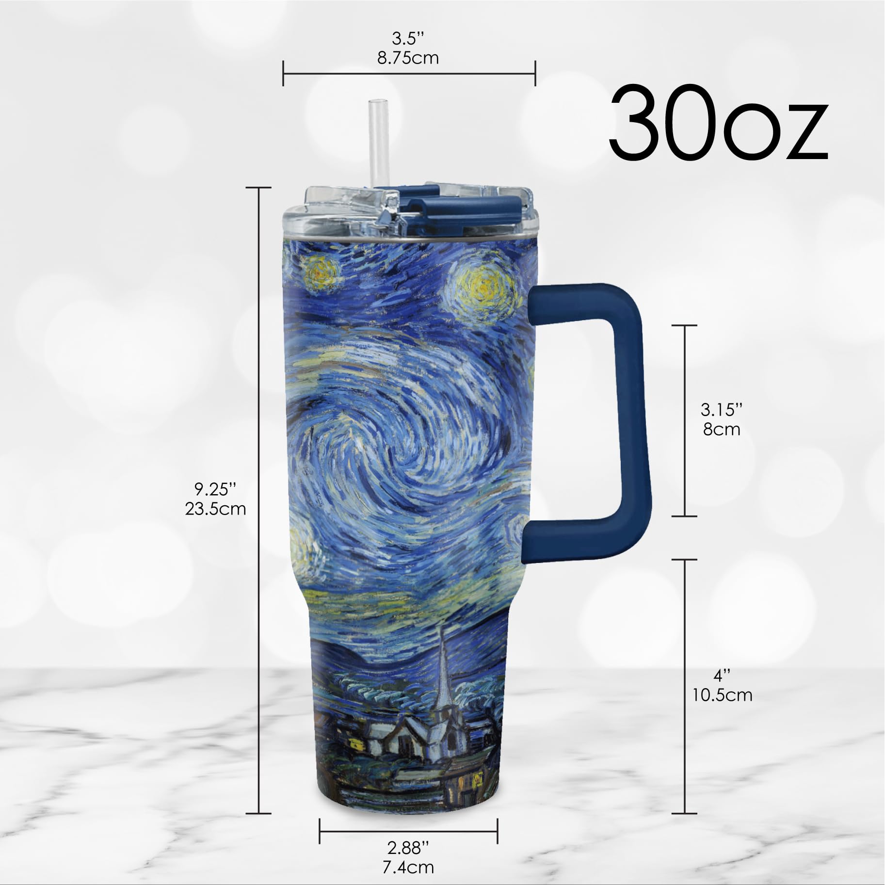 RainCaper 18/8 Stainless Steel Insulated Water Tumbler with Straw | 30oz, BPA-Free, Double Wall for Hot & Cold | Travel-Friendly, Cup Holder Ready (van Gogh Starry Night)