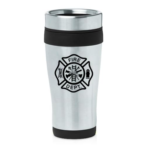 16oz Insulated Stainless Steel Travel Mug Coffee Mug Tumbler Fire Department Maltese Cross Firefighter (Black)