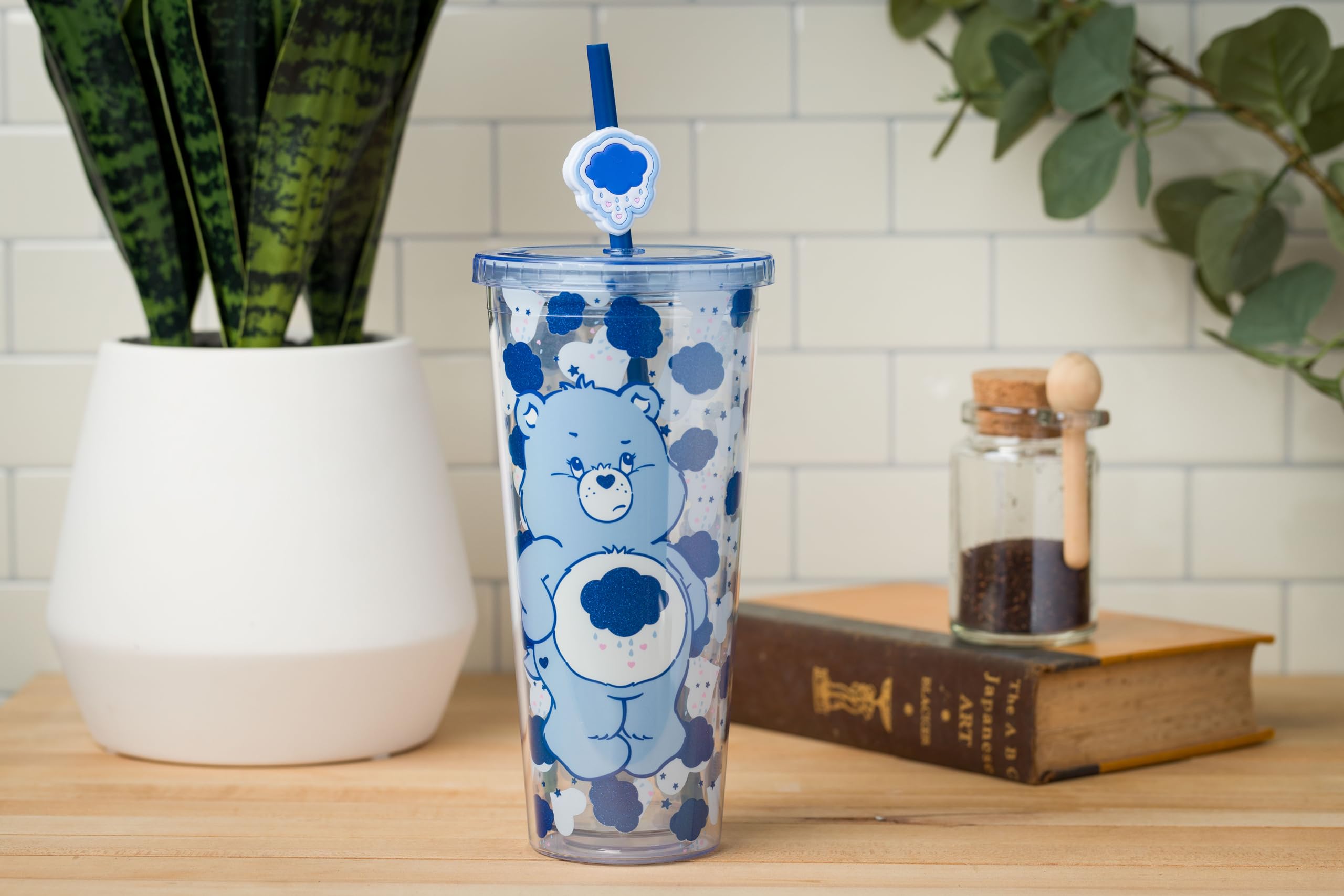 Silver Buffalo Care Bears Grumpy Bear Glitter Plastic Cold Cup with Lid and Straw Topper, 24 Ounces