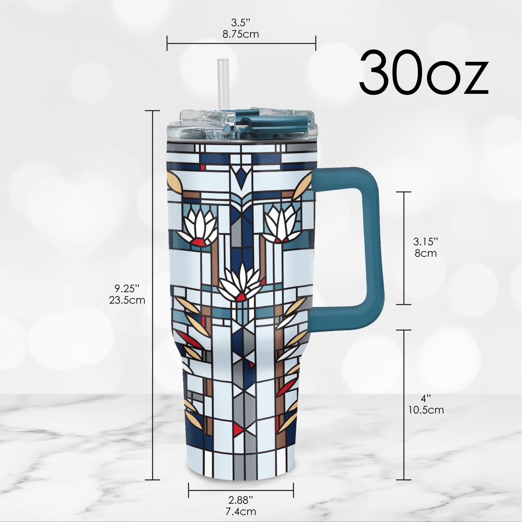 RainCaper 18/8 Stainless Steel Insulated Water Tumbler with Straw | 30oz, BPA-Free, Double Wall for Hot & Cold | Travel-Friendly, Cup Holder Ready (Frank Lloyd Wright Waterlilies)