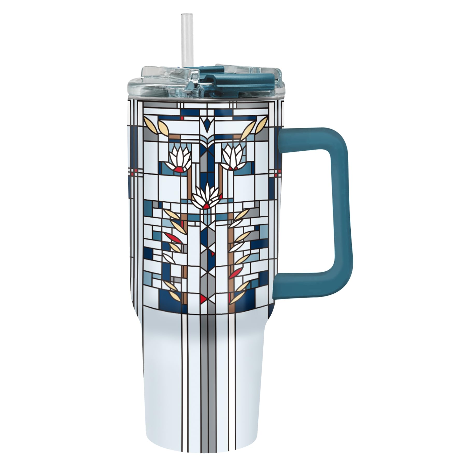 RainCaper 18/8 Stainless Steel Insulated Water Tumbler with Straw | 30oz, BPA-Free, Double Wall for Hot & Cold | Travel-Friendly, Cup Holder Ready (Frank Lloyd Wright Waterlilies)