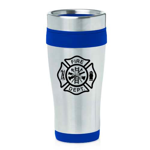 16oz Insulated Stainless Steel Travel Mug Coffee Mug Tumbler Fire Department Maltese Cross Firefighter (Blue)