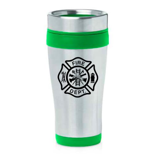 16oz Insulated Stainless Steel Travel Mug Coffee Mug Tumbler Fire Department Maltese Cross Firefighter (Green)