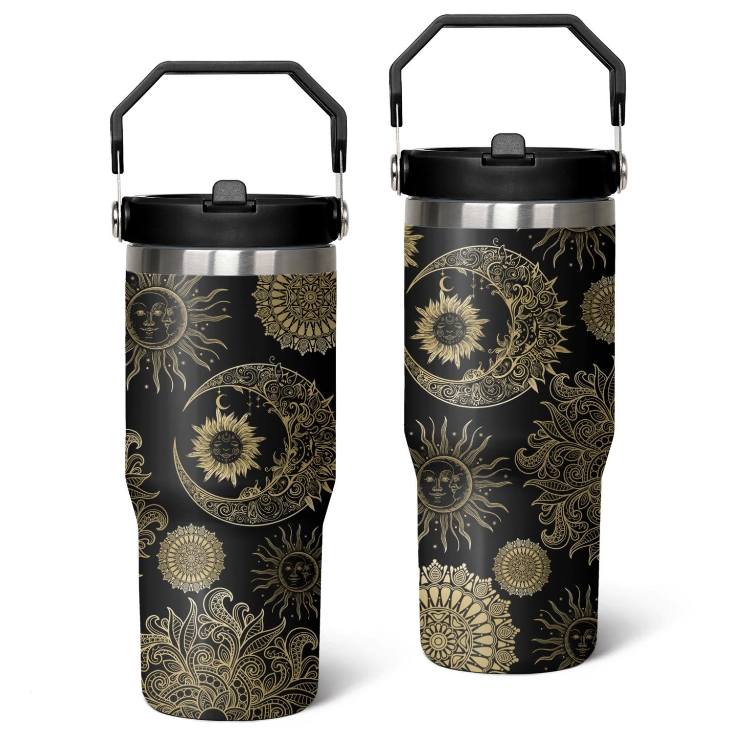 30oz Insulated Sun and Moon Tumbler with Handle, Featuring a Leak-proof 2-in-1 Lid and Straw,Vacuum-insulated Travel Coffee Mug, Portable Stainless Steel Water Bottle, Suitable for Both Women and Men