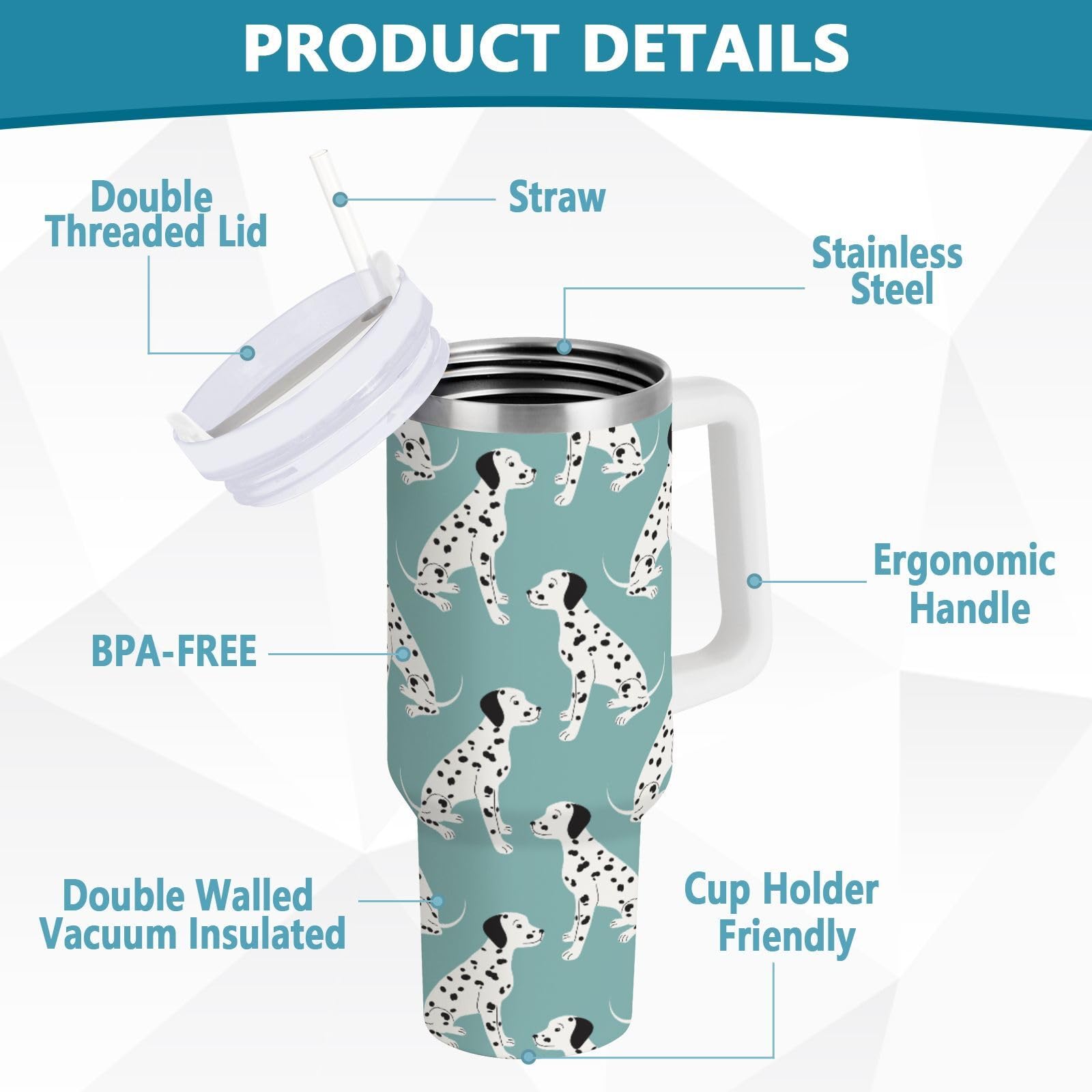 KEEPREAL 40 oz Cute Dalmatian Tumbler with Handle, Insulated Sports Water Bottle with Lid and Straw, Thermal Stainless Steel Travel Coffee Mug Cup