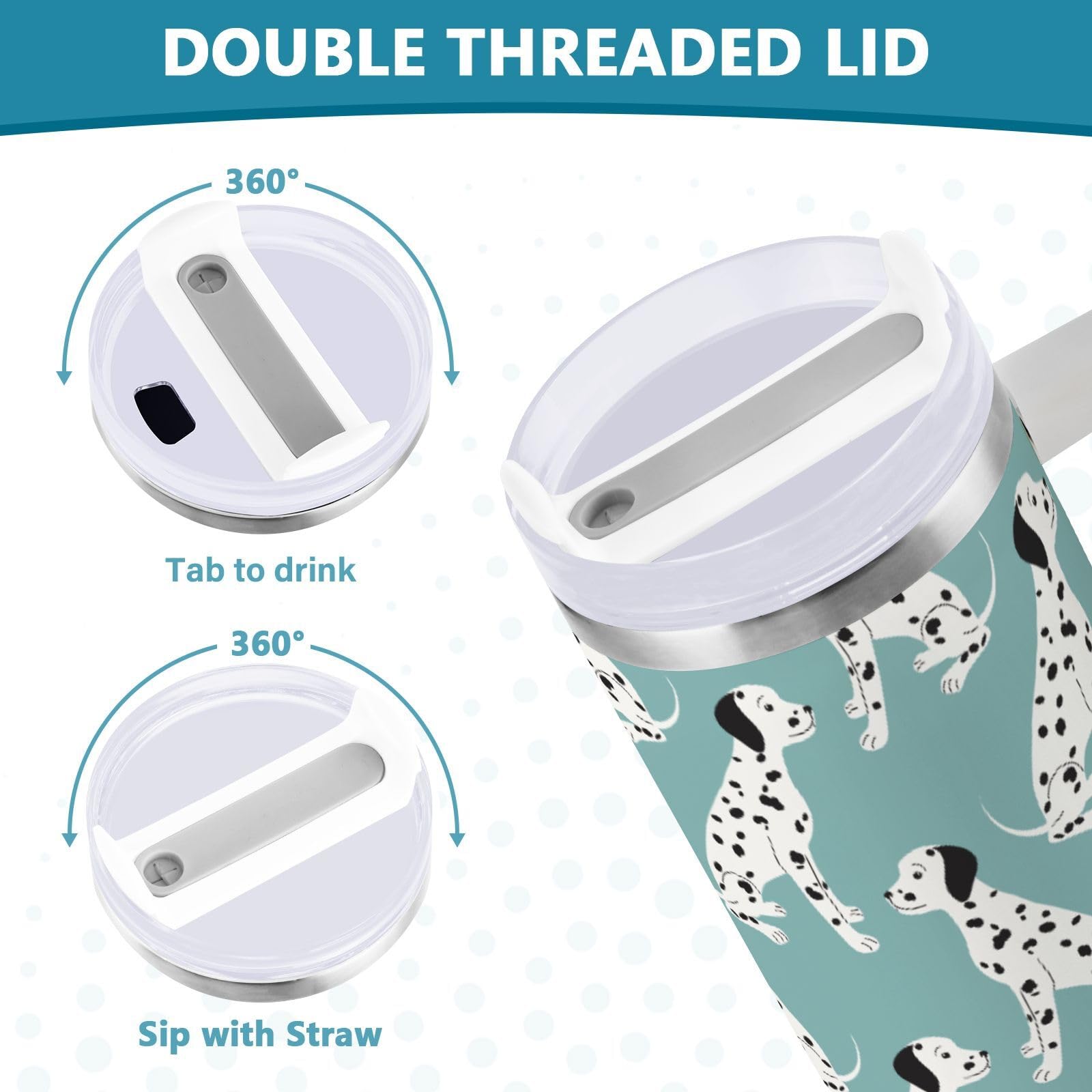 KEEPREAL 40 oz Cute Dalmatian Tumbler with Handle, Insulated Sports Water Bottle with Lid and Straw, Thermal Stainless Steel Travel Coffee Mug Cup