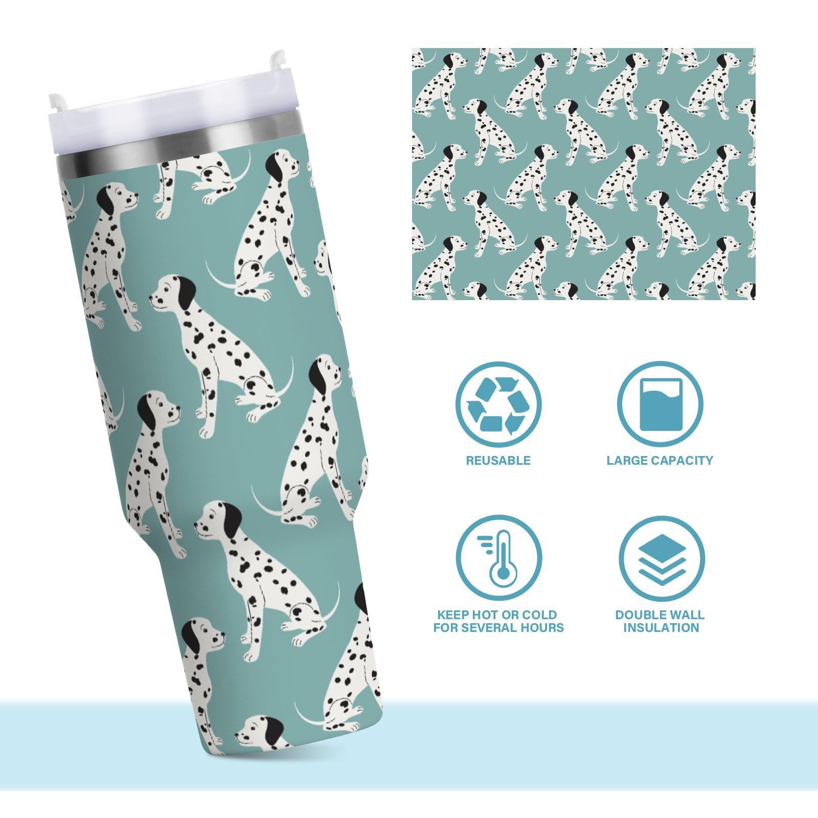 KEEPREAL 40 oz Cute Dalmatian Tumbler with Handle, Insulated Sports Water Bottle with Lid and Straw, Thermal Stainless Steel Travel Coffee Mug Cup