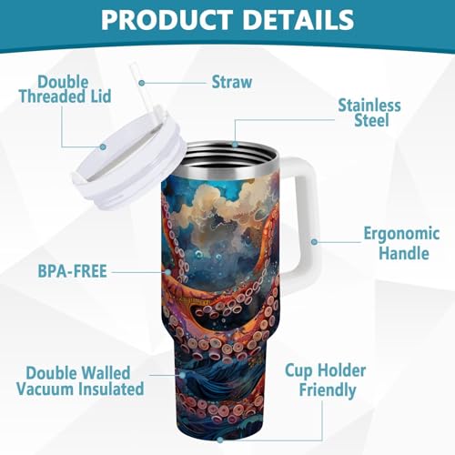 Blueangle 40 oz Red Octopus Tumbler with Handle and Straw Lid, Insulated Cup Reusable Stainless Steel Water Bottle Travel Mug
