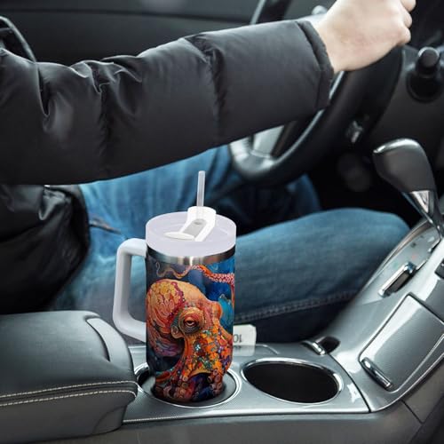 Blueangle 40 oz Red Octopus Tumbler with Handle and Straw Lid, Insulated Cup Reusable Stainless Steel Water Bottle Travel Mug