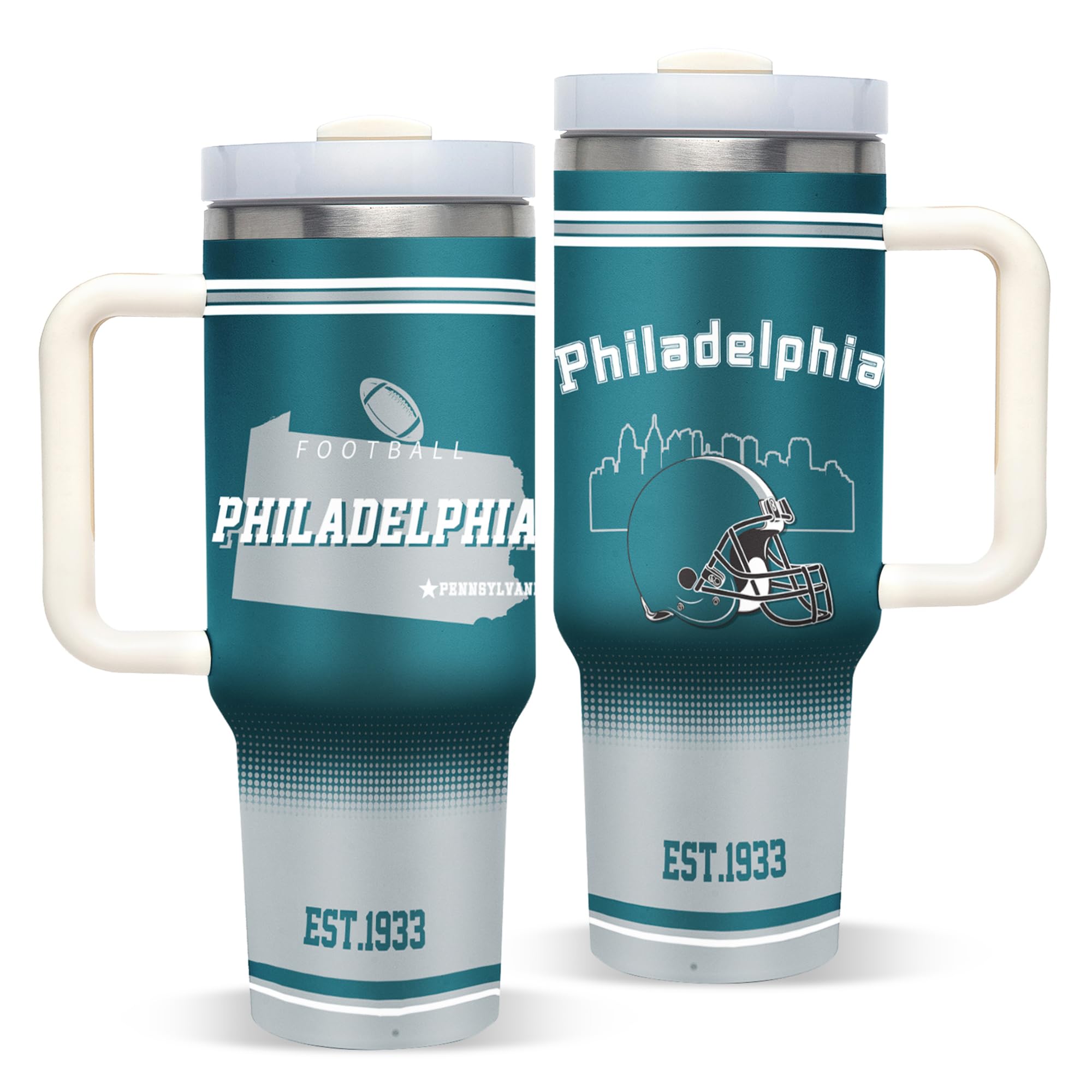 MRSAHLV Insulated Coffee Tumbler, 40oz Stainless Steel Vacuum Travel Mug Cup with Handle and Straw Lid, Reusable Water Bottle Cupholder for Football Fan Cold or Hot Drinks