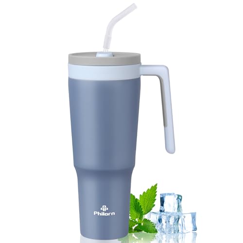PHILORN 40 oz Tumbler with Handle and Straw Lid, 100% Leak-proof Stainless Steel Tumbler，Large Travel Water Mug Vacuum Insulated Spill Proof for Cold Coffee and Tea - Gifts for Women Men