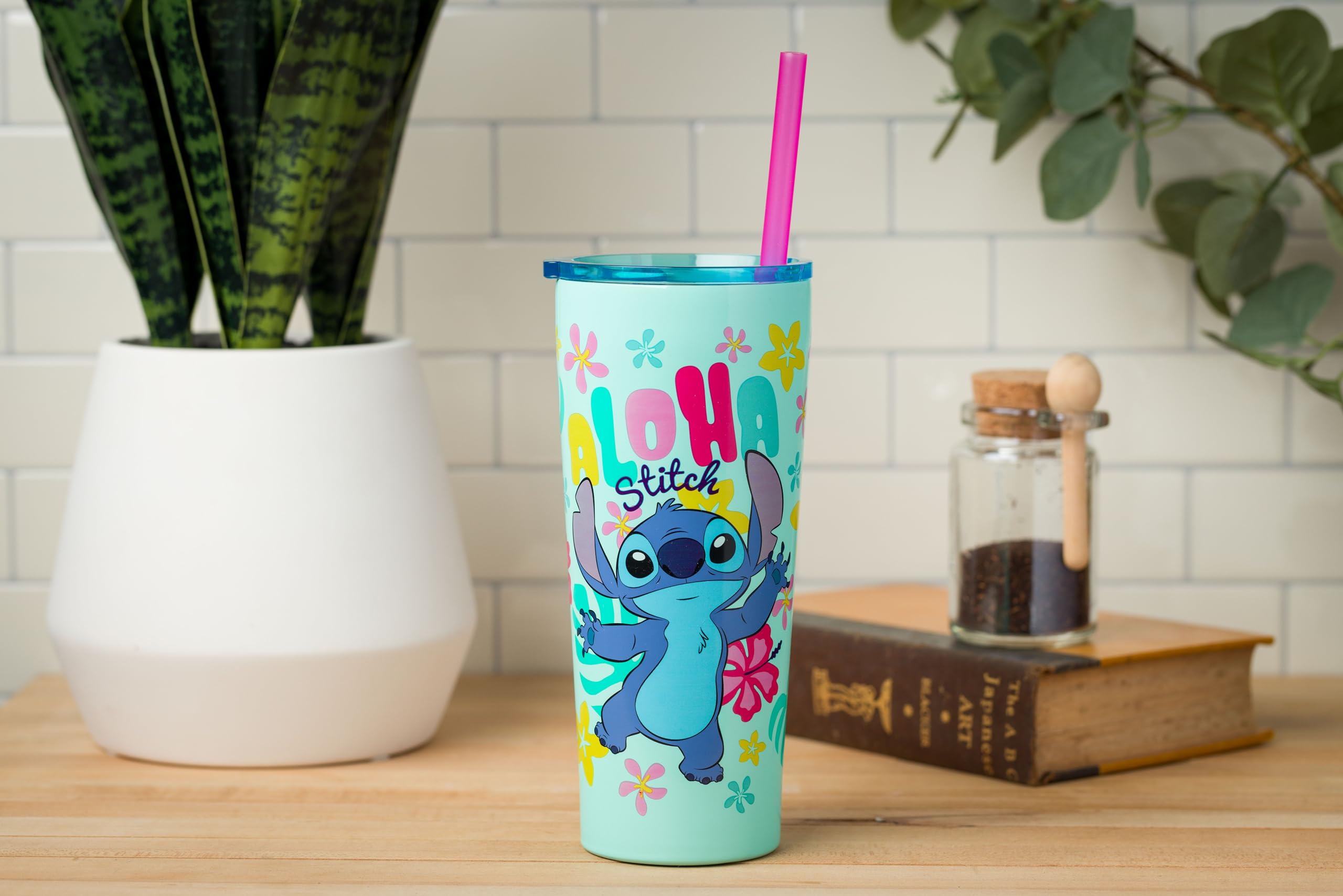 Silver Buffalo Disney Lilo and Stitch Aloha Double Walled Tumbler with Straw, 22 Ounces
