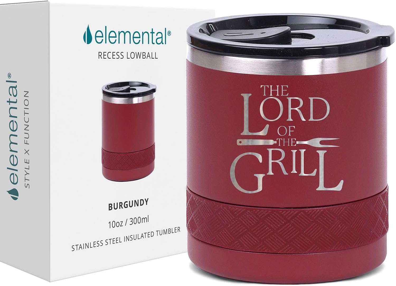 Lord of the Grill Lowball Valentine Tumbler for Him - Triple-Wall Stainless Steel Travel Cup with Ceramic Lid - Gift for Dad & Father In Law on Valentine's Day, Birthday & Father Day - 10oz Burgundy