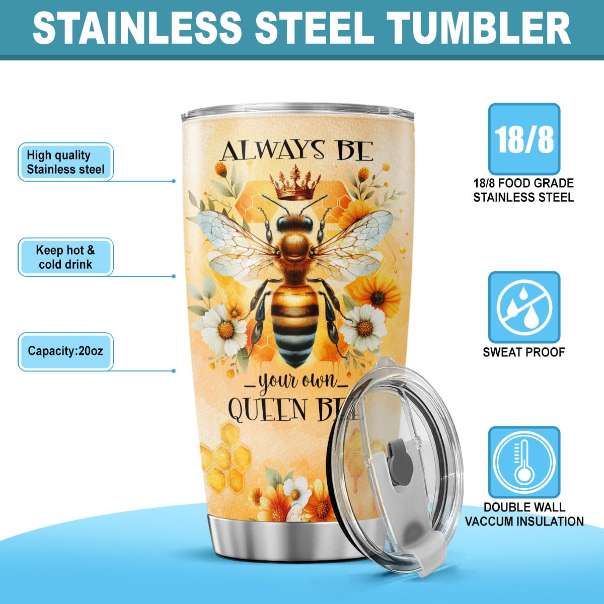 JENOIS Bee Gifts, Tumbler 20 Oz With Lid And Straw, Always Be Queen Bee