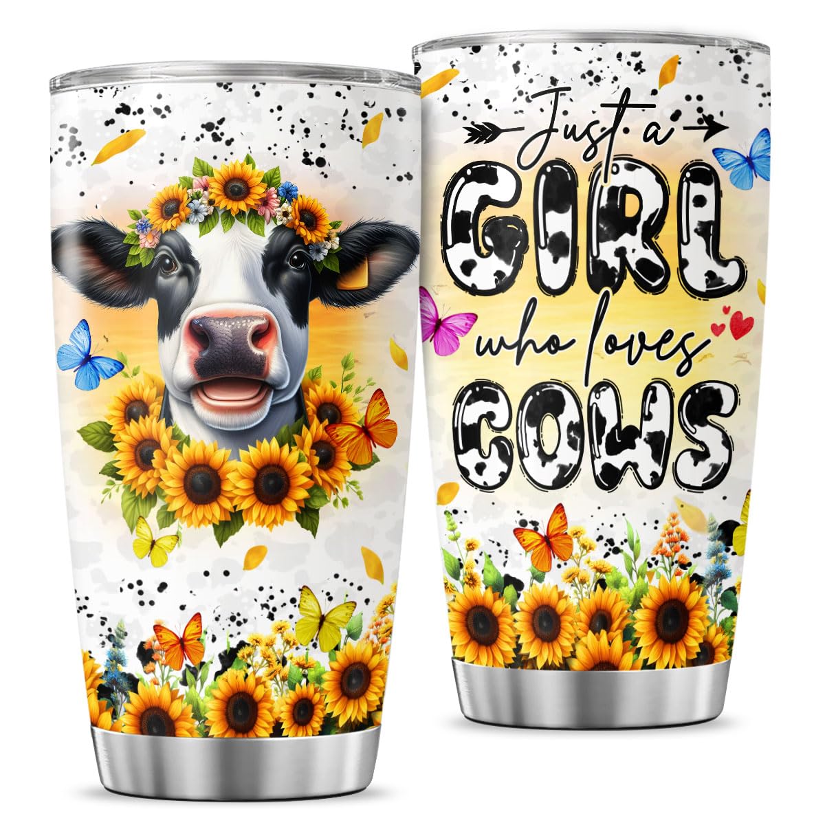 JENOIS Just A Girl Dairy Cow, Tumbler 20 Oz With Lid And Straw, Print Cups Floral Sunflower Handle Flower, Cow Gifts