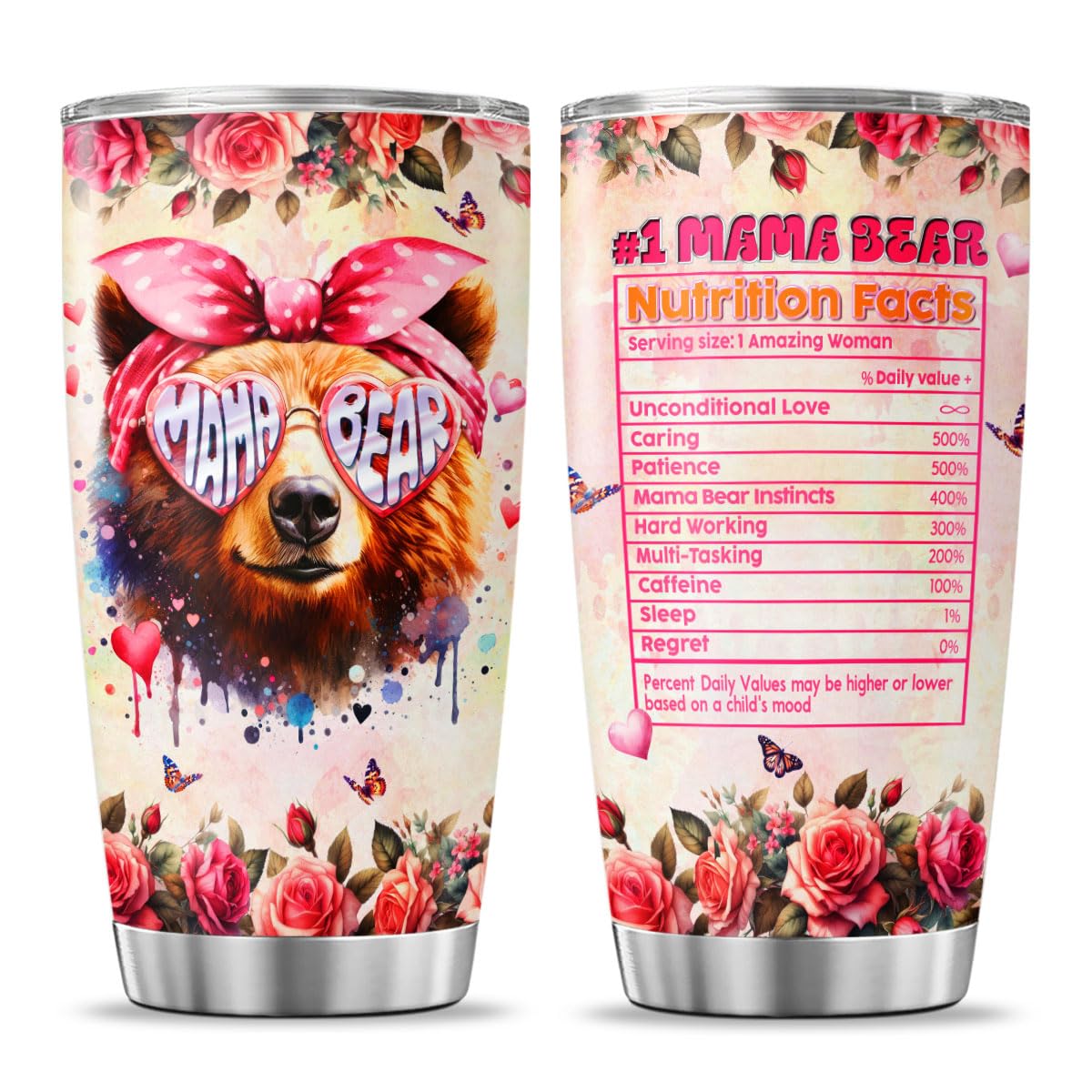 Mama Bear Nutrition Facts, Cups Handle Mother Women Mothers For Funny Coffee Tumblers Insulated Mom Day, Tumbler 20 Oz With Lid And Straw, Mama Bear Gifts