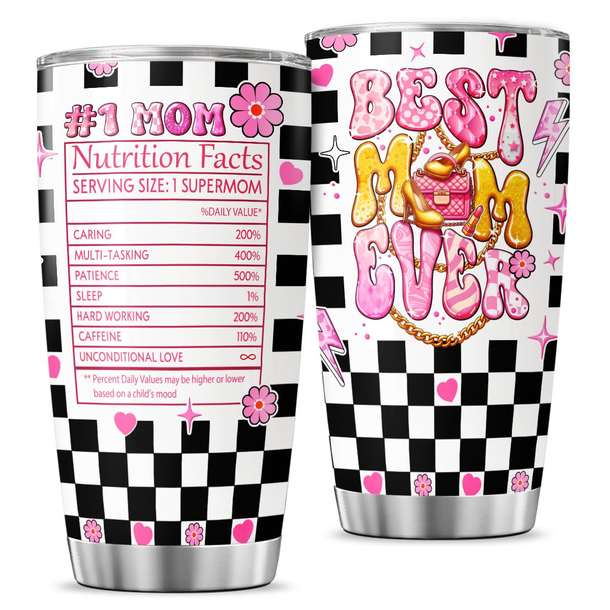 JENOIS Tumblers Women Cups Checkered Coffee Mama Funny Day For Mothers Modern Simple Simply Handle, Mom Nutrition Facts, Tumbler 20 Oz With Lid And Straw, Best Mom Ever Gifts