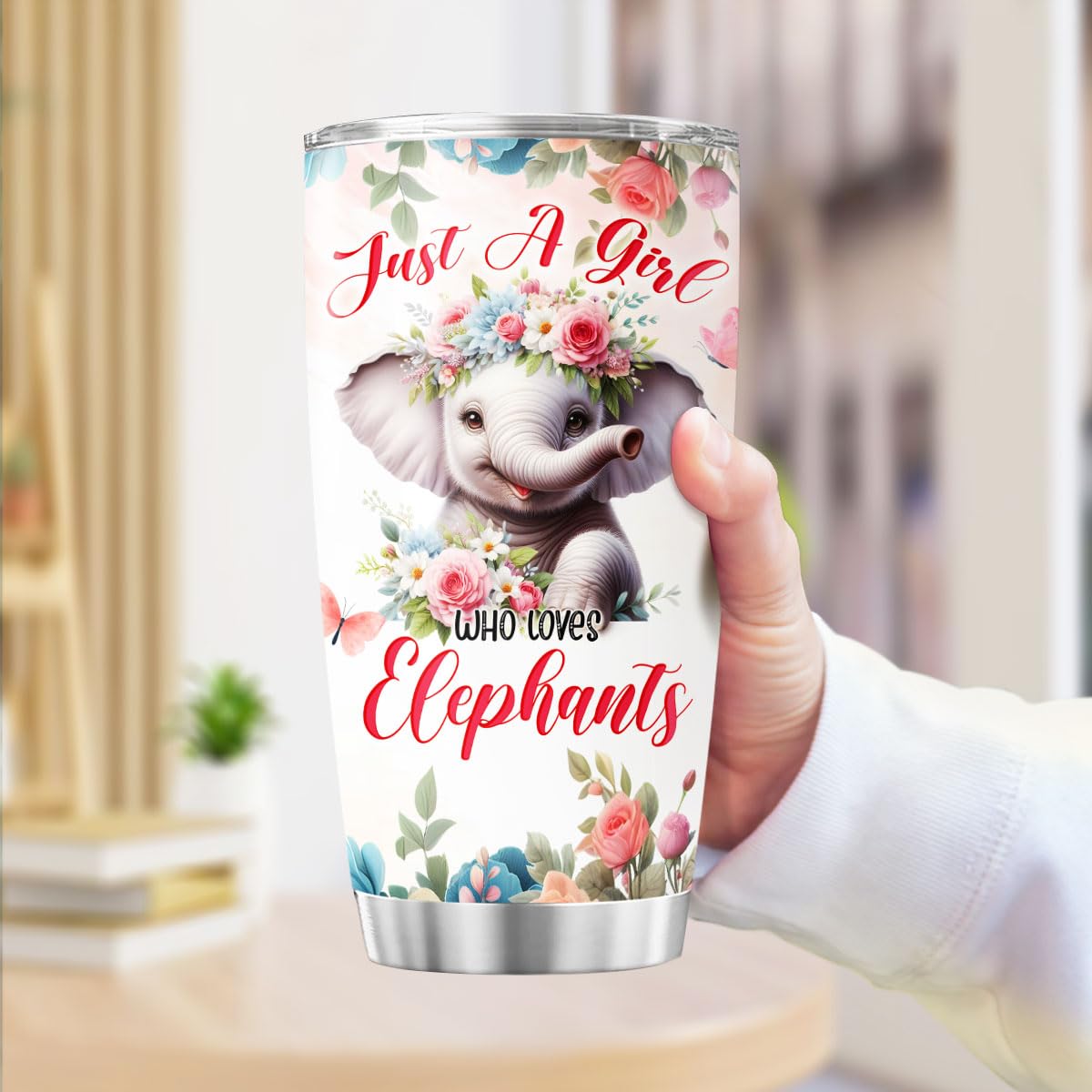 HUBUPU Just A Girl Elephant, Tumbler 20 Oz With Lid And Straw, Floral Flower, Elephant Gifts