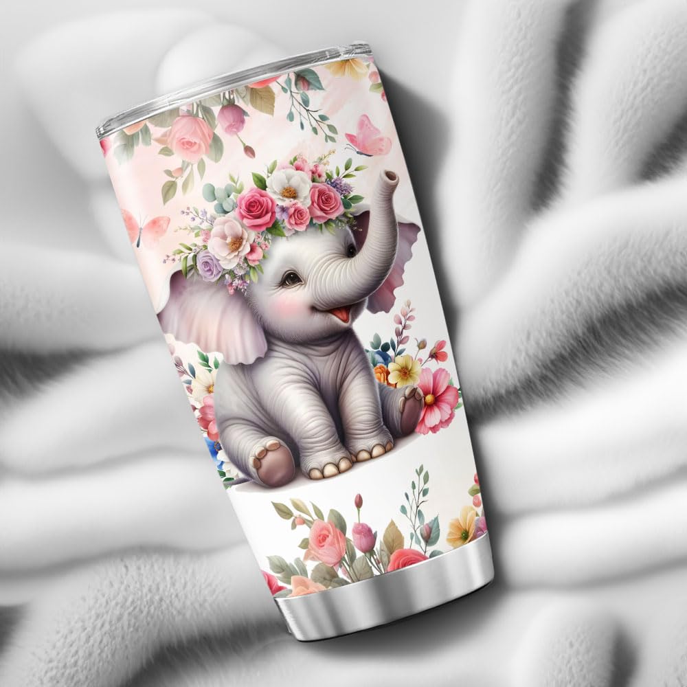 HUBUPU Just A Girl Elephant, Tumbler 20 Oz With Lid And Straw, Floral Flower, Elephant Gifts