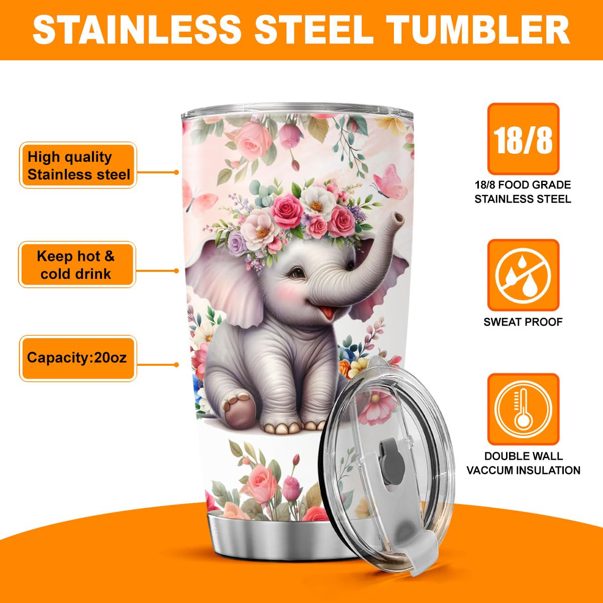 HUBUPU Just A Girl Elephant, Tumbler 20 Oz With Lid And Straw, Floral Flower, Elephant Gifts