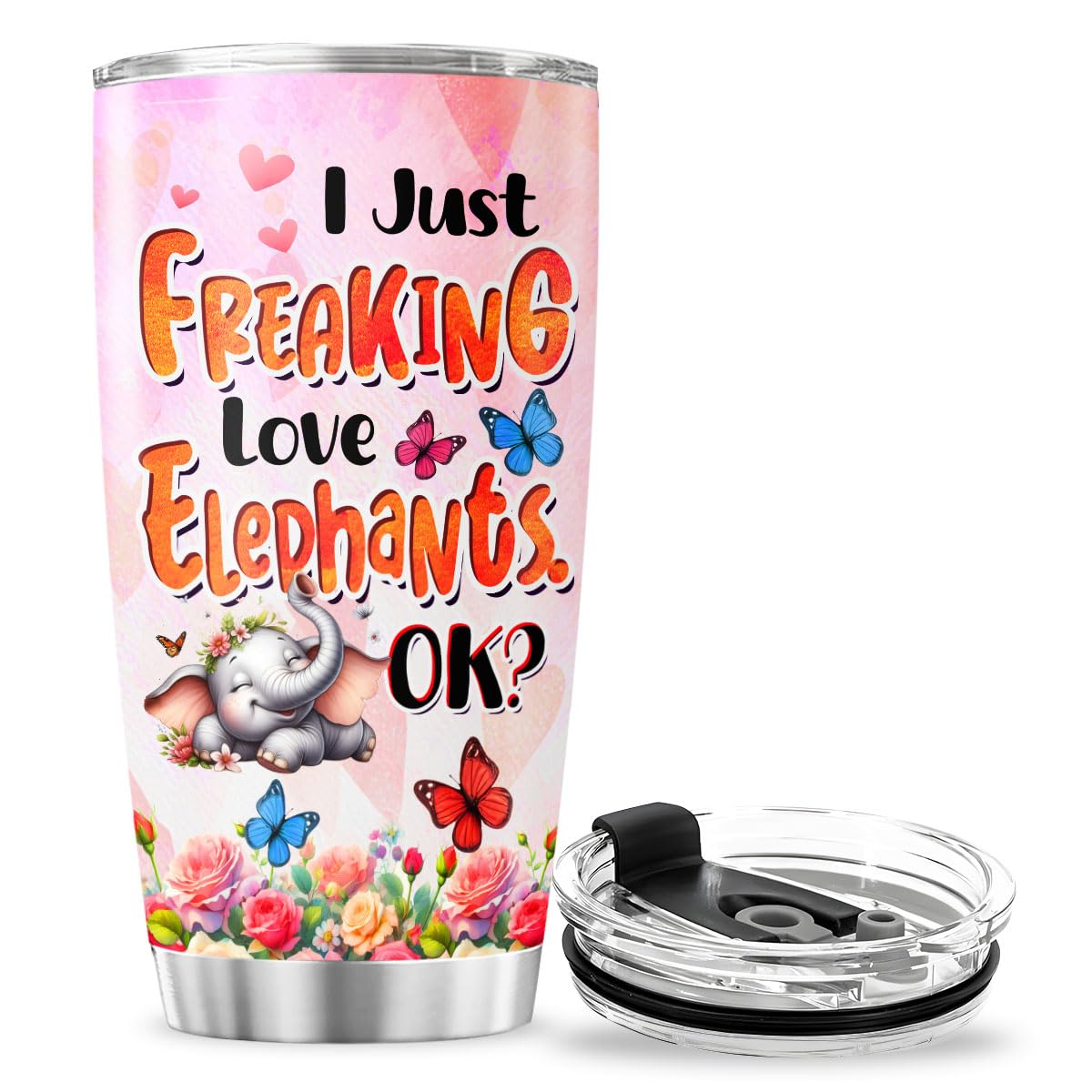 JENOIS Elephant Gifts, Tumbler 20 Oz With Lid And Straw, Floral Flower, Elephant Freaking Love